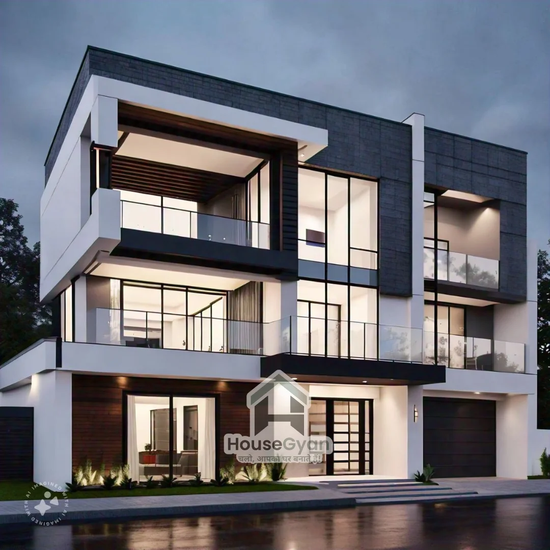 40x70 Triple Storey 3D Front House Elevation Design