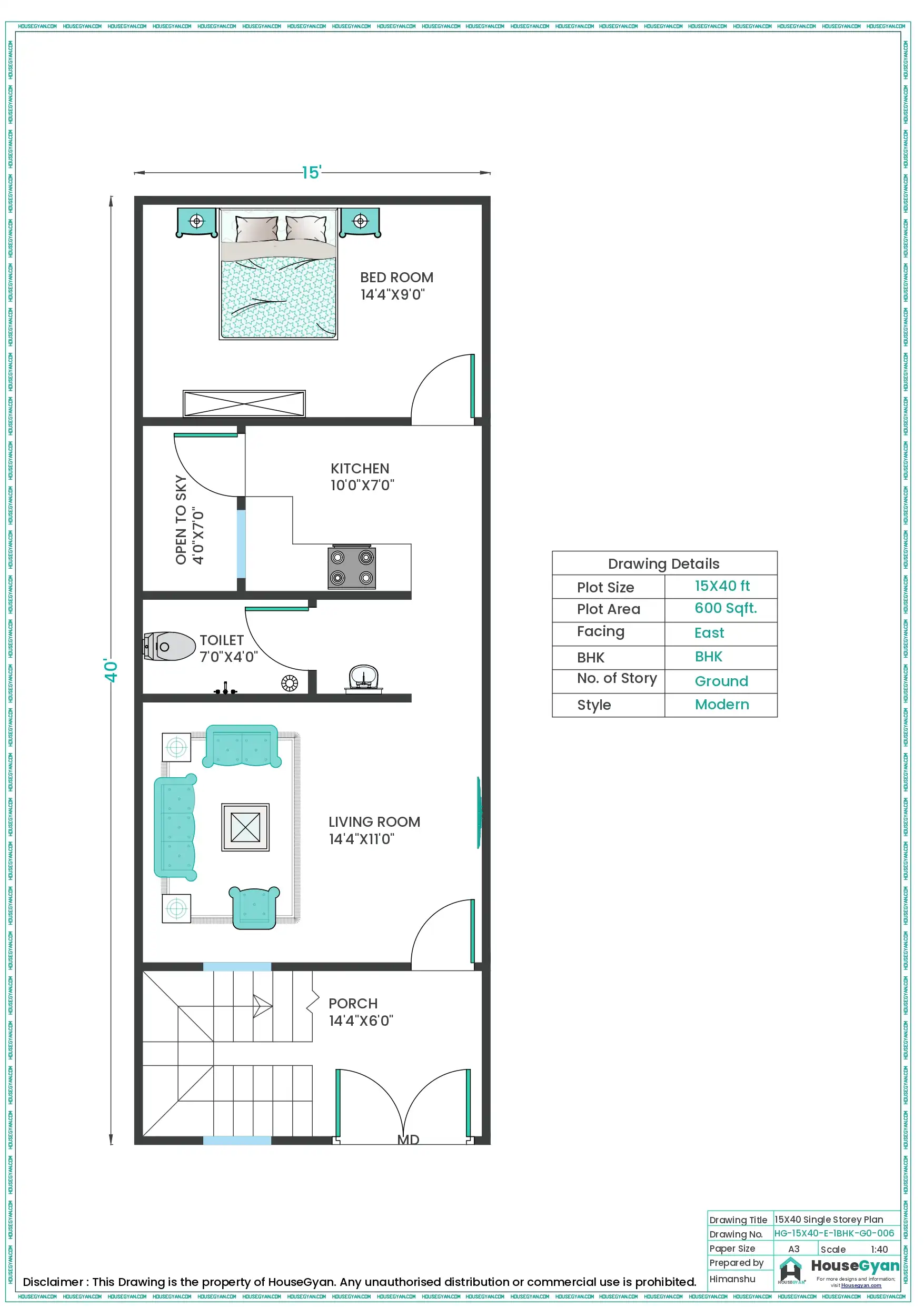 15X40 East Facing 1BHK Ground Floor House Plan | 600 Sqft Plot Floor Plan