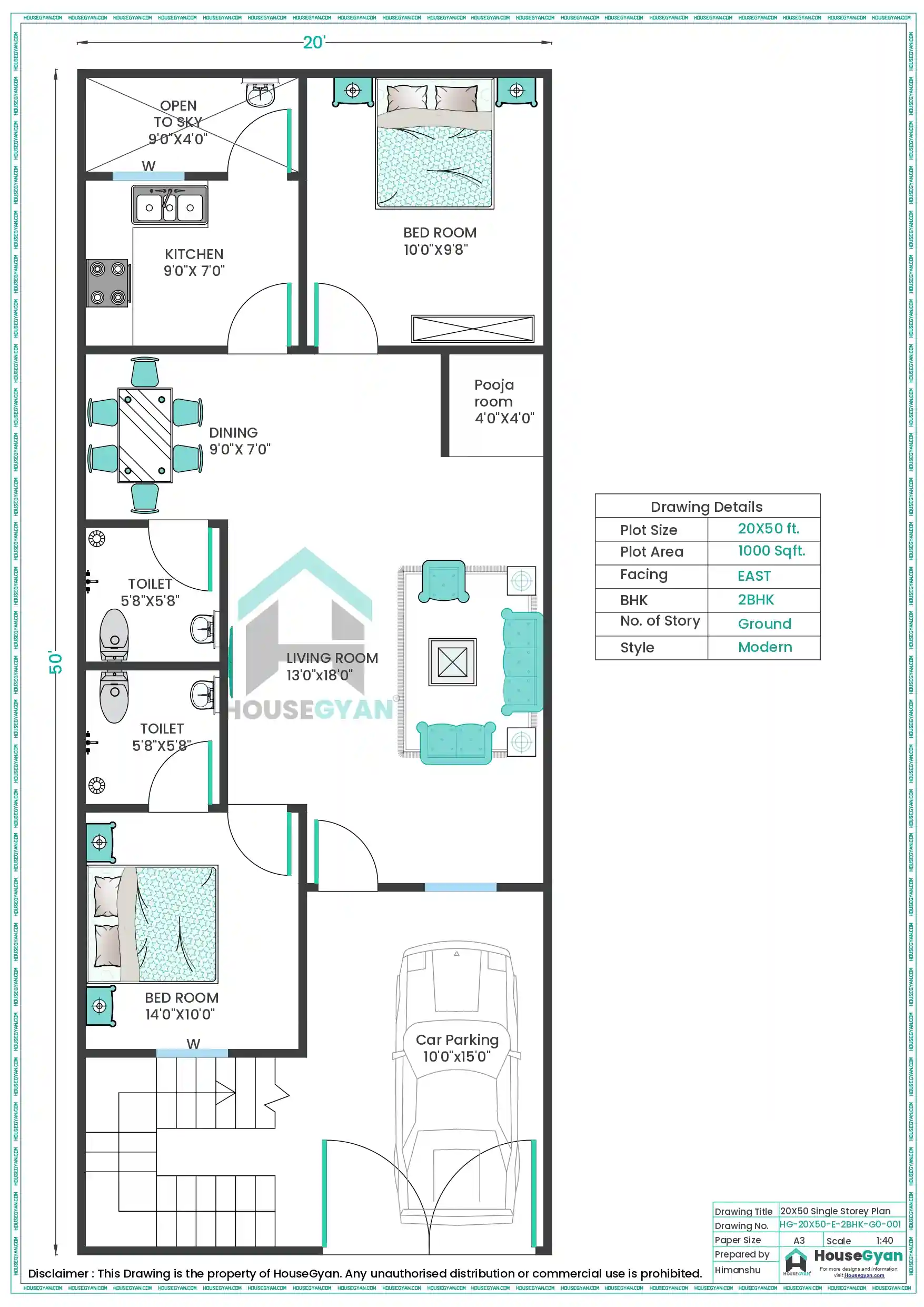 20X50 East Facing 2BHK Ground Floor House Plan | 1000 Sqft Plot Floor Plan