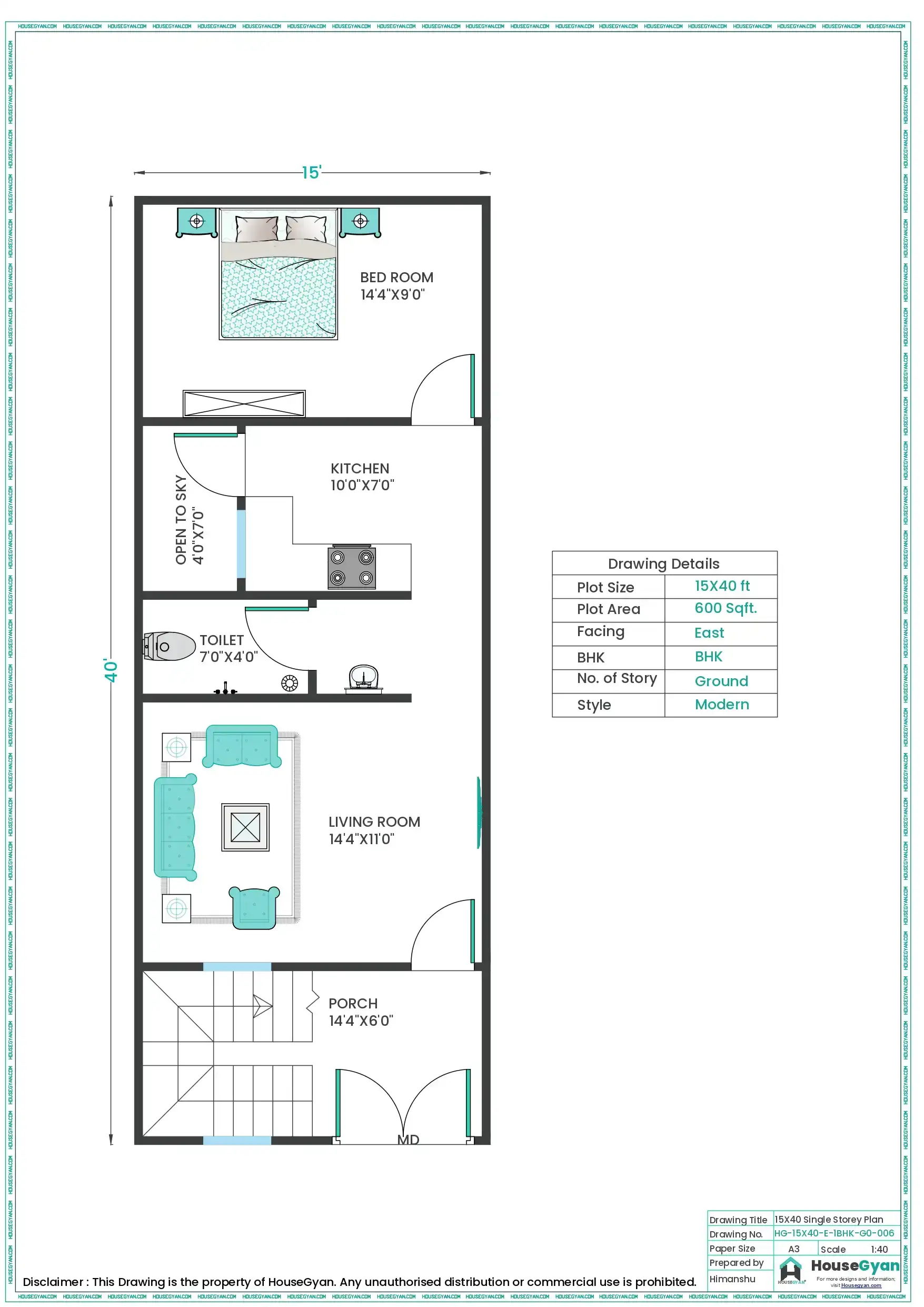 15X40 East Facing 1BHK Ground Floor House Plan | 600 Sqft Plot Floor Plan