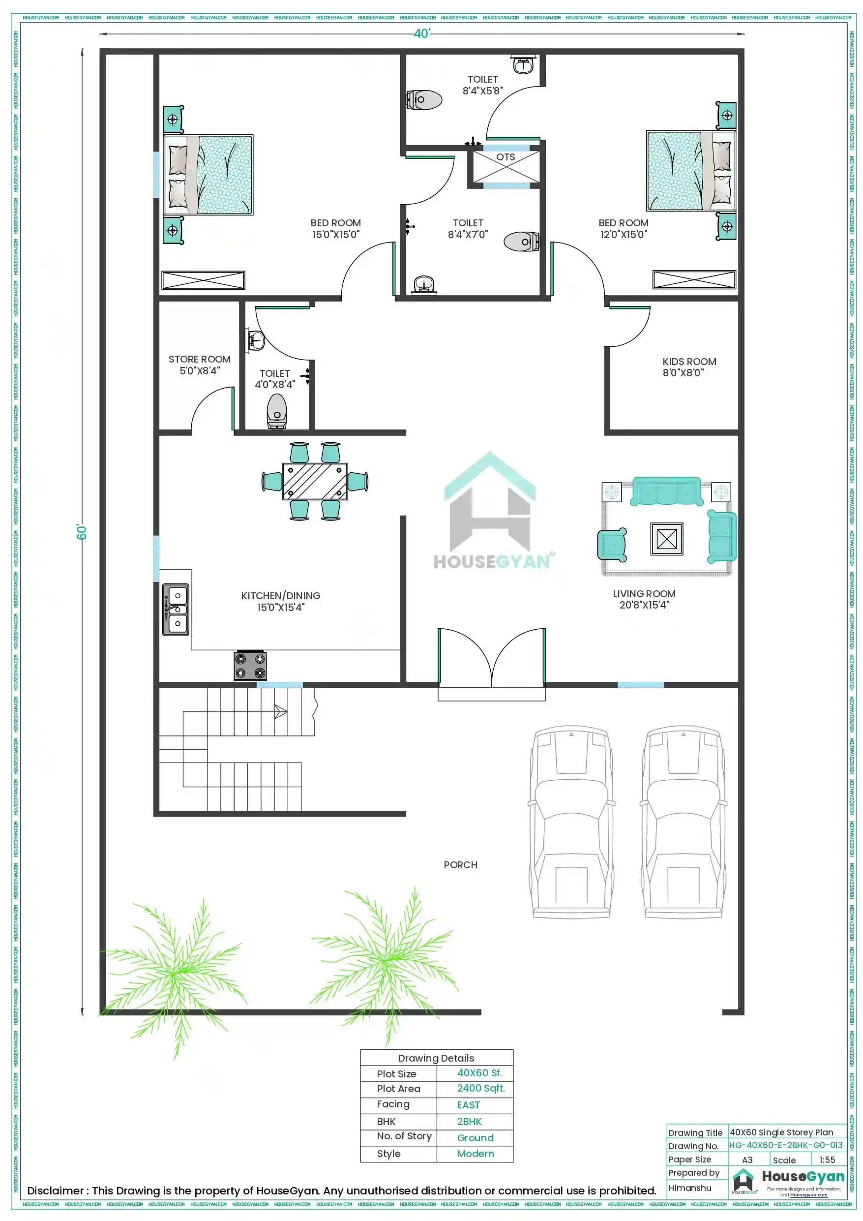 40X60 East Facing 2BHK Ground Floor House Plan | 2400 Sqft Plot Floor Plan