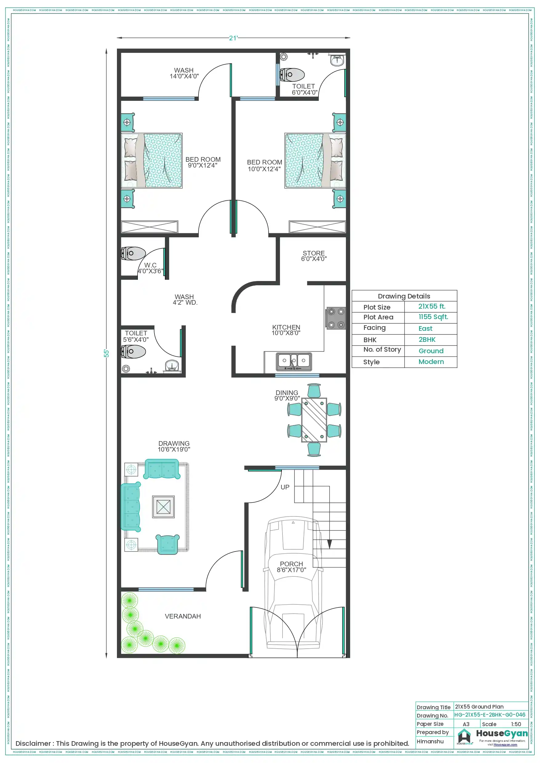 21X55 East Facing 2BHK Ground Floor House Plan | 1155 Sqft Plot Floor Plan