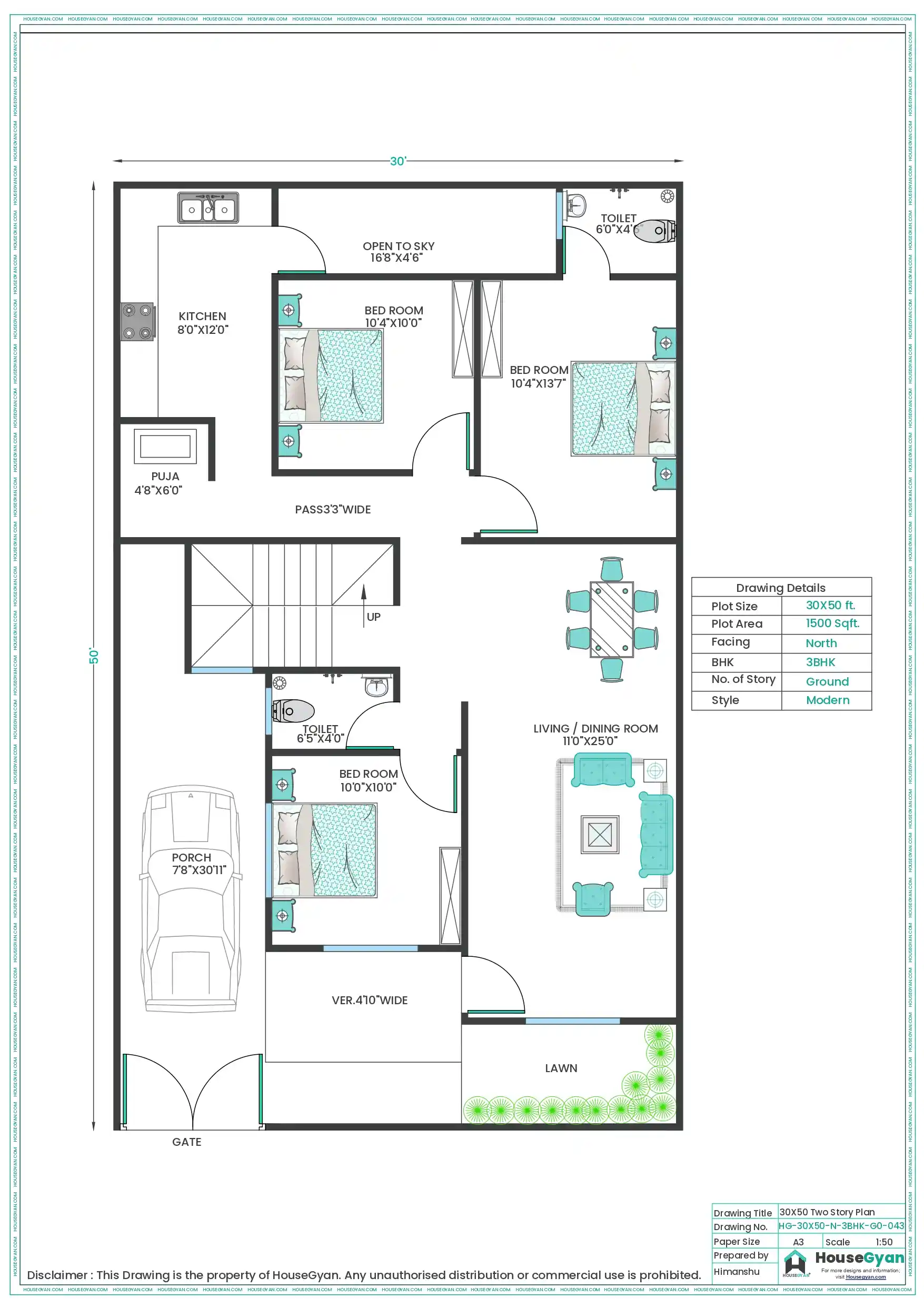 30X50 North Facing 3BHK Ground Floor House Plan | 1500 Sqft Plot Floor Plan