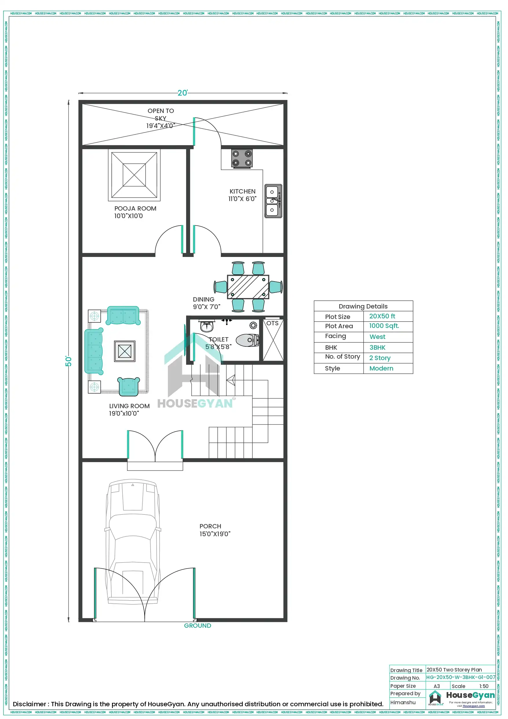 20X50 West Facing 3BHK First Floor House Plan | 1000 Sqft Plot Floor Plan