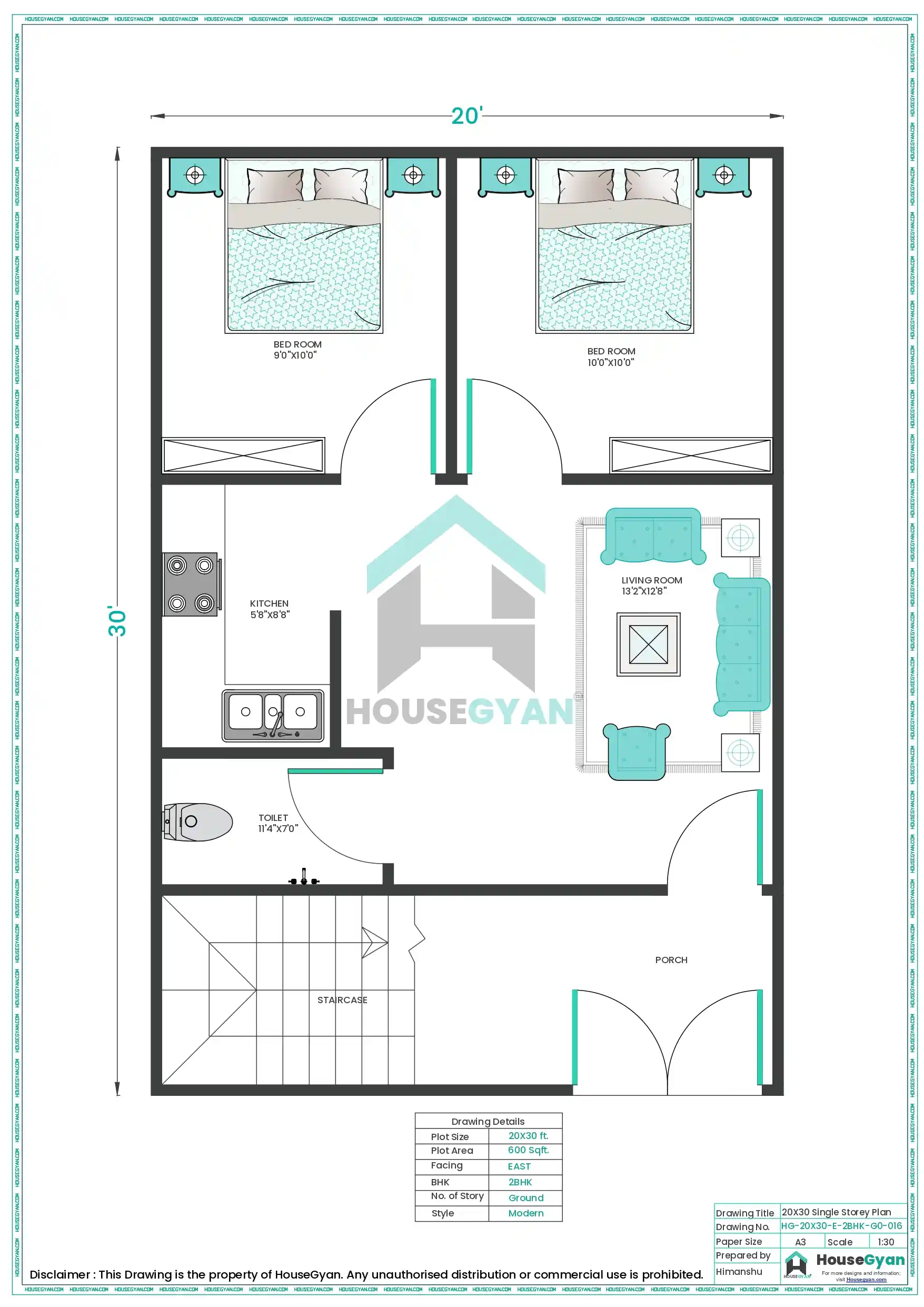 20X30 East Facing 2BHK Ground Floor House Plan | 600 Sqft Plot Floor Plan