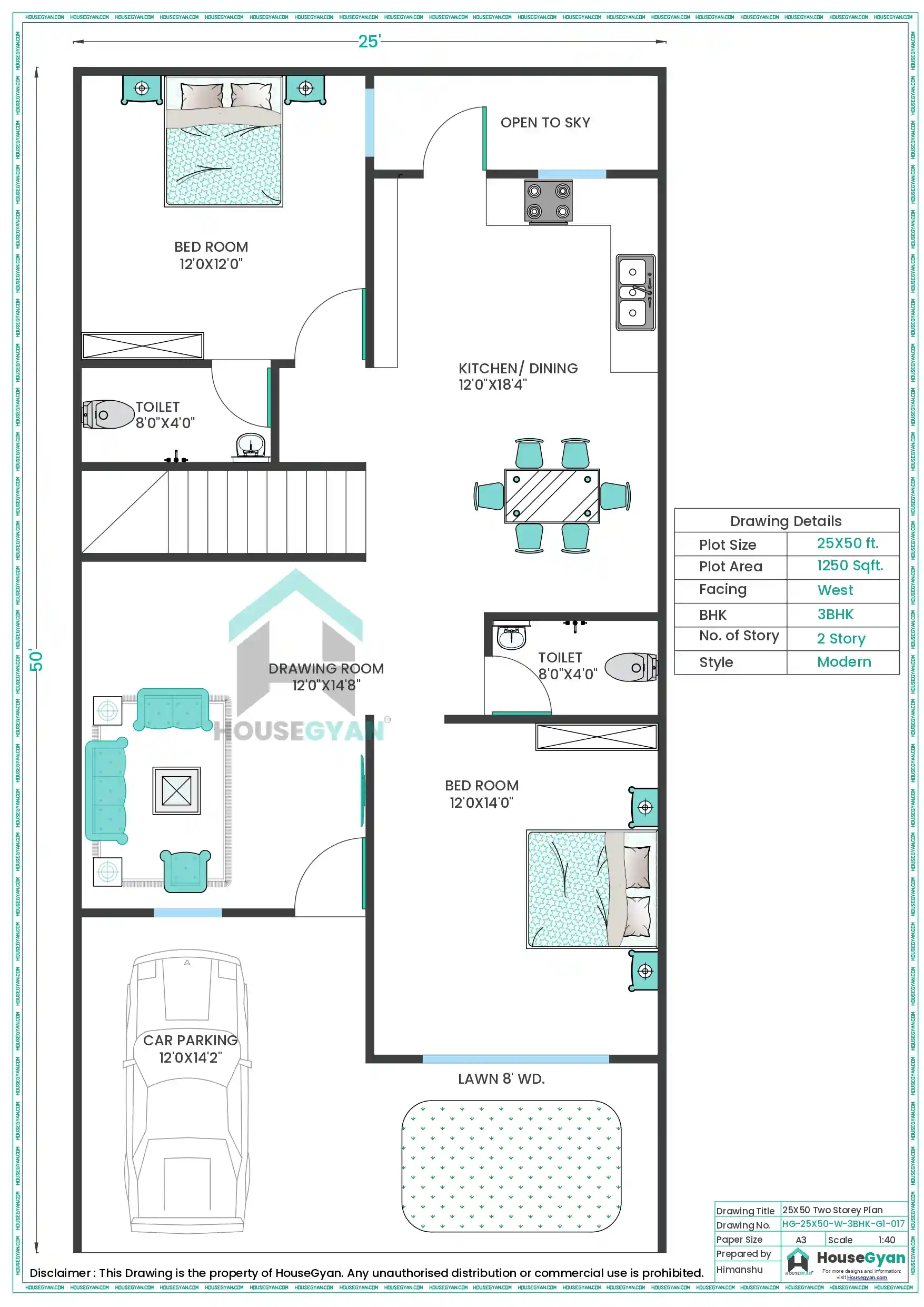 25X50 West Facing 3BHK First Floor House Plan | 1250 Sqft Plot Floor Plan