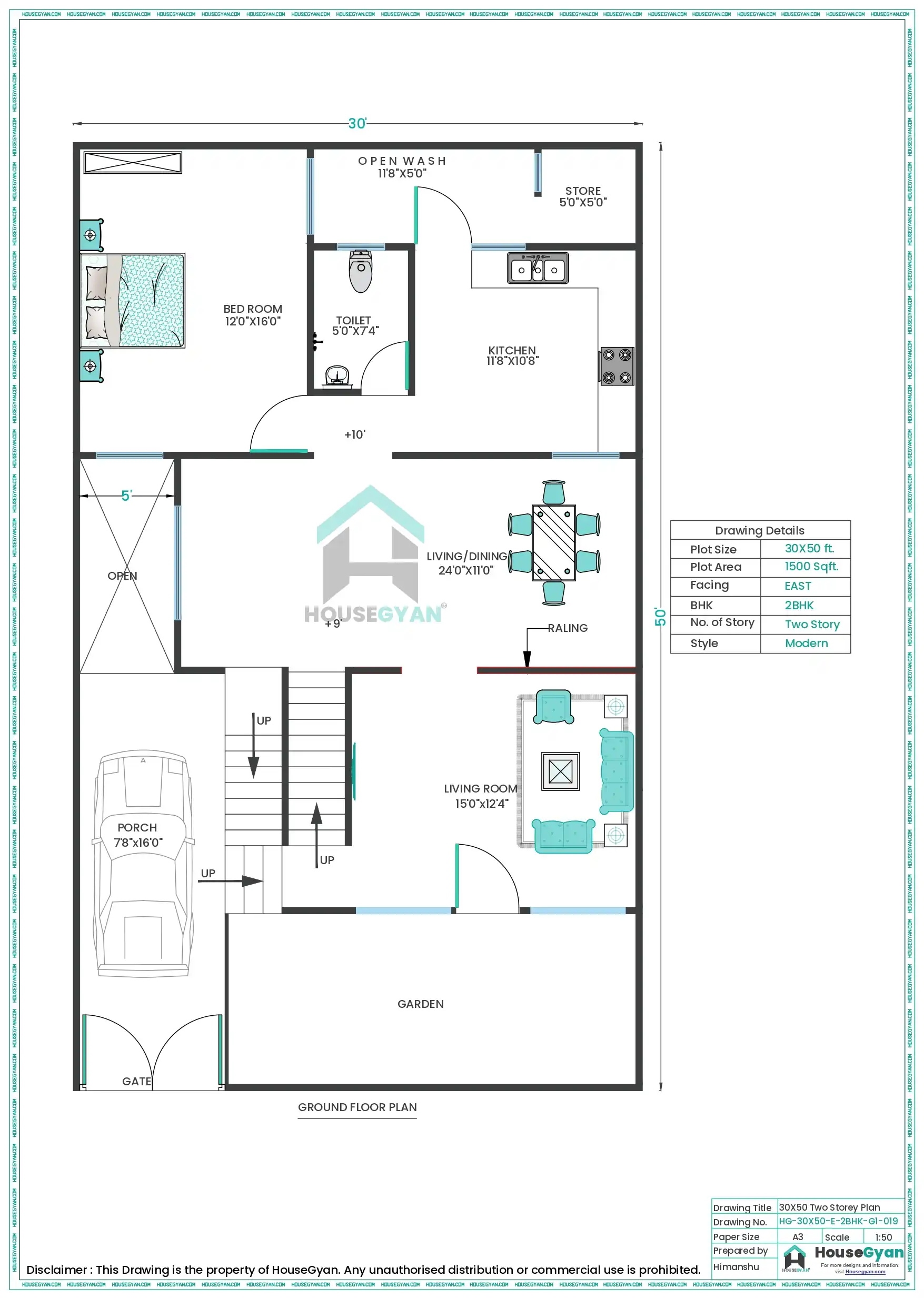 30X50 East Facing 2BHK First Floor House Plan | 1500 Sqft Plot Floor Plan