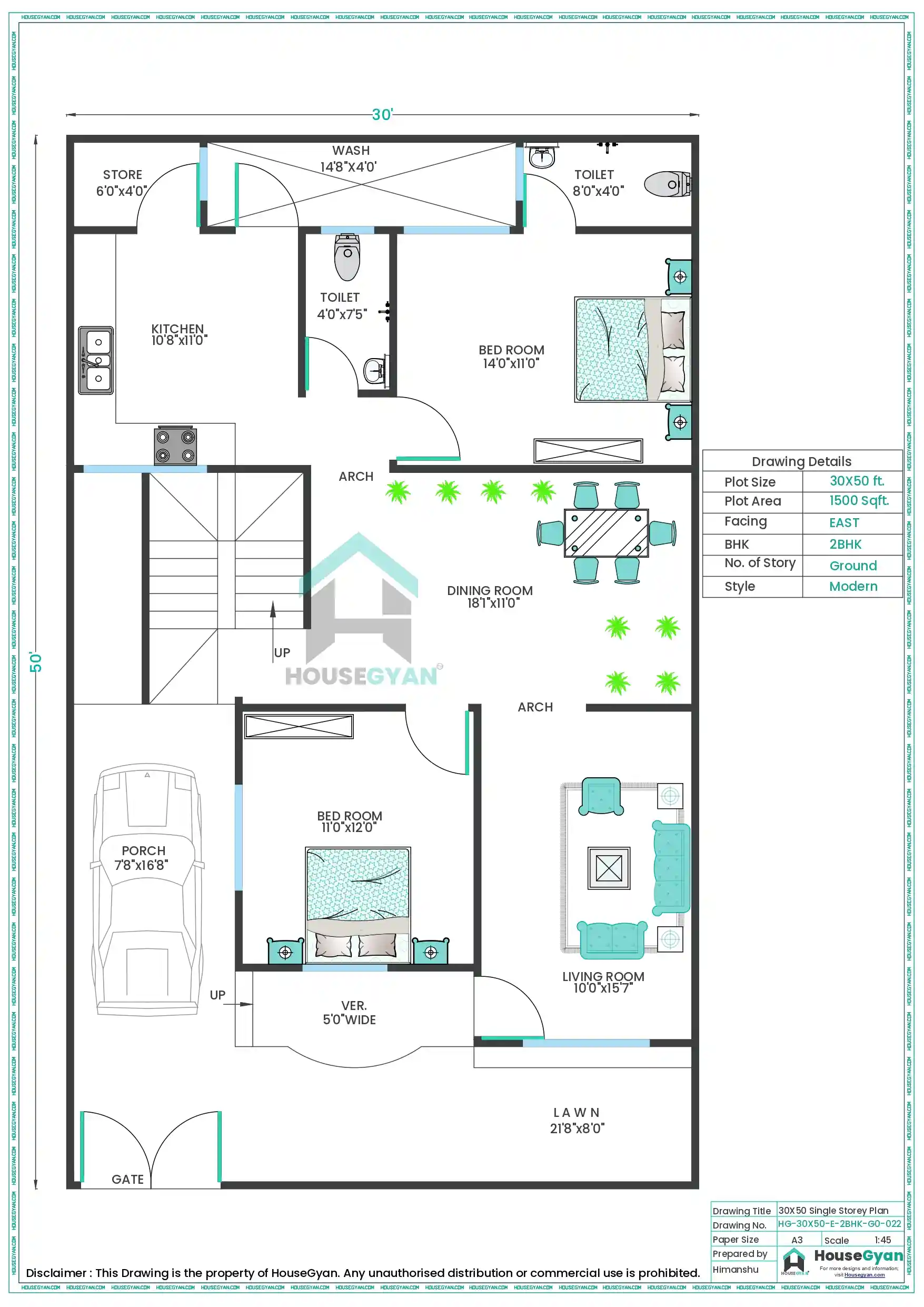 30X50 East Facing 2BHK Ground Floor House Plan | 1500 Sqft Plot Floor Plan
