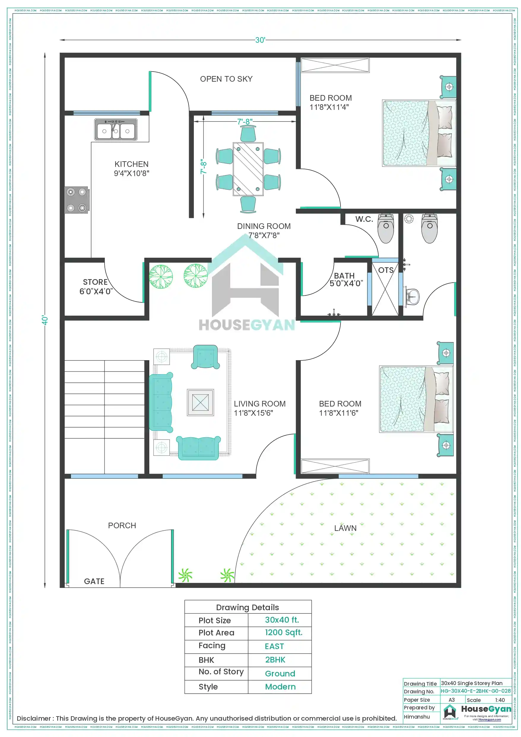 30X40 East Facing 2BHK Ground Floor House Plan | 1200 Sqft Plot Floor Plan