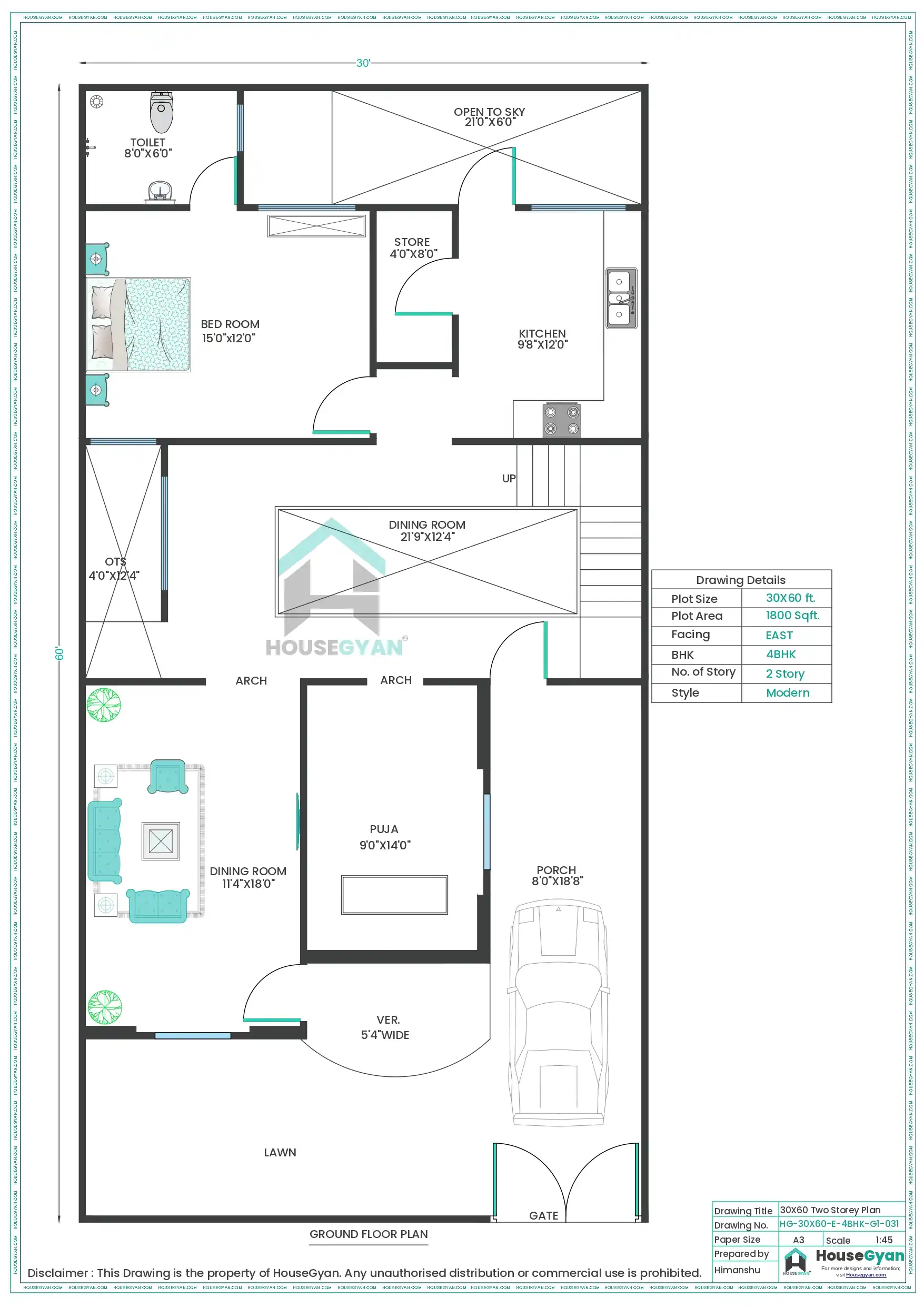 30X60 East Facing 4BHK First Floor House Plan | 1800 Sqft Plot Floor Plan