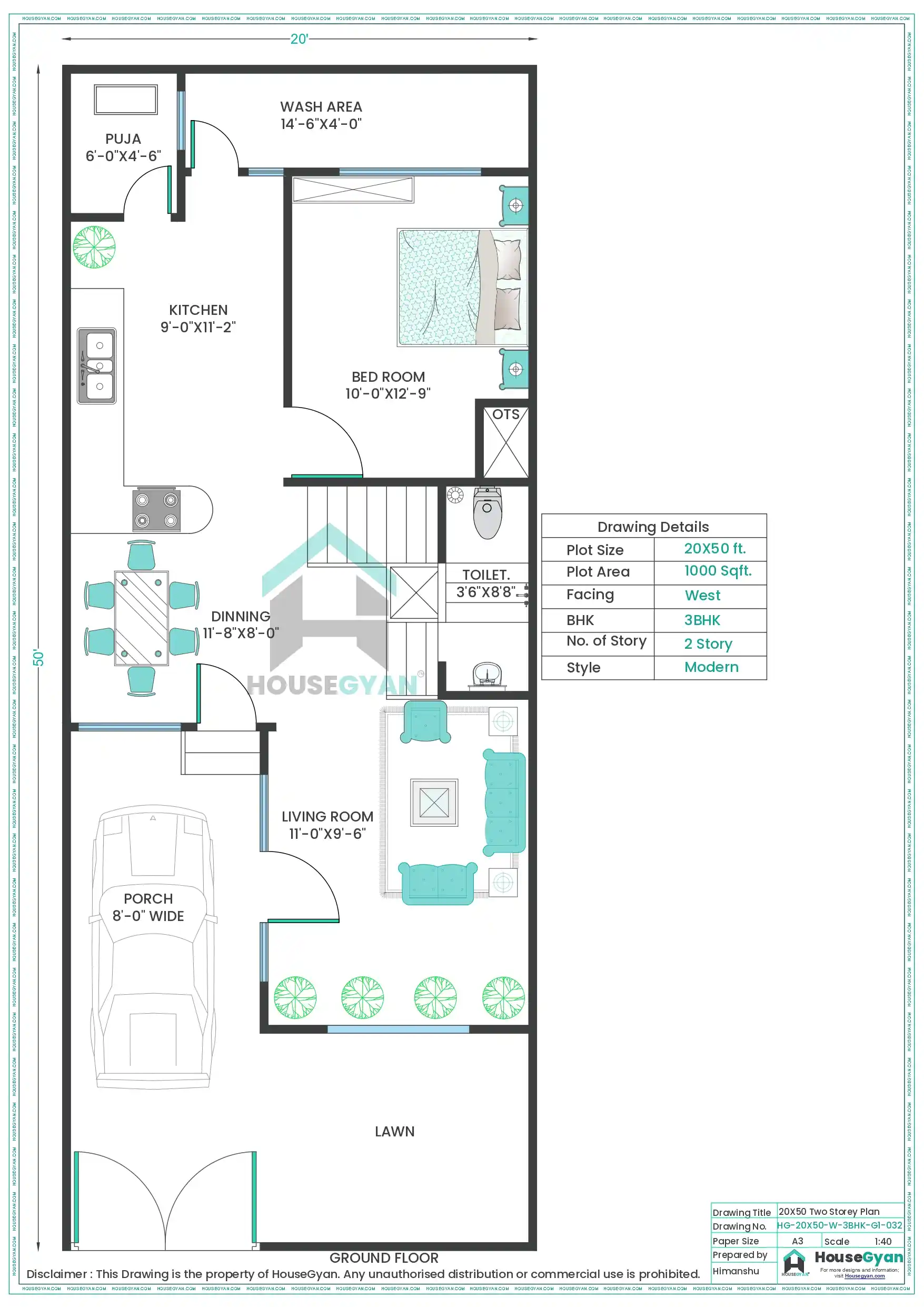 20X50 West Facing 3BHK First Floor House Plan | 1000 Sqft Plot Floor Plan