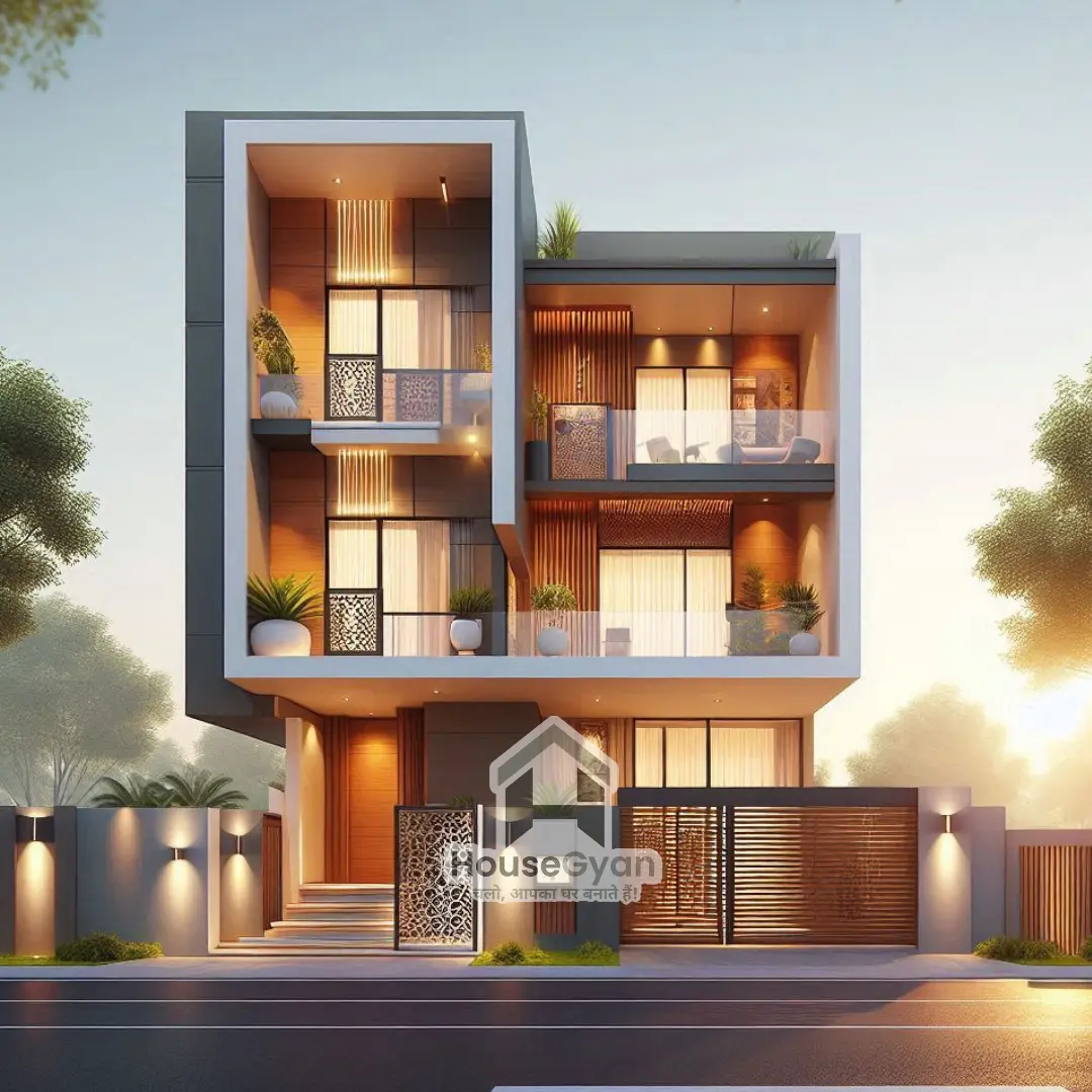 50x30 1500sqft Triple Storey 3D Front House Elevation Design