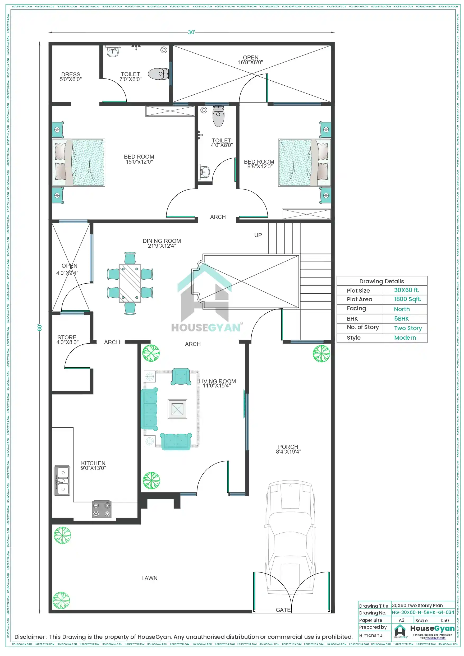 30X60 North Facing 5BHK First Floor House Plan | 1800 Sqft Plot Floor Plan