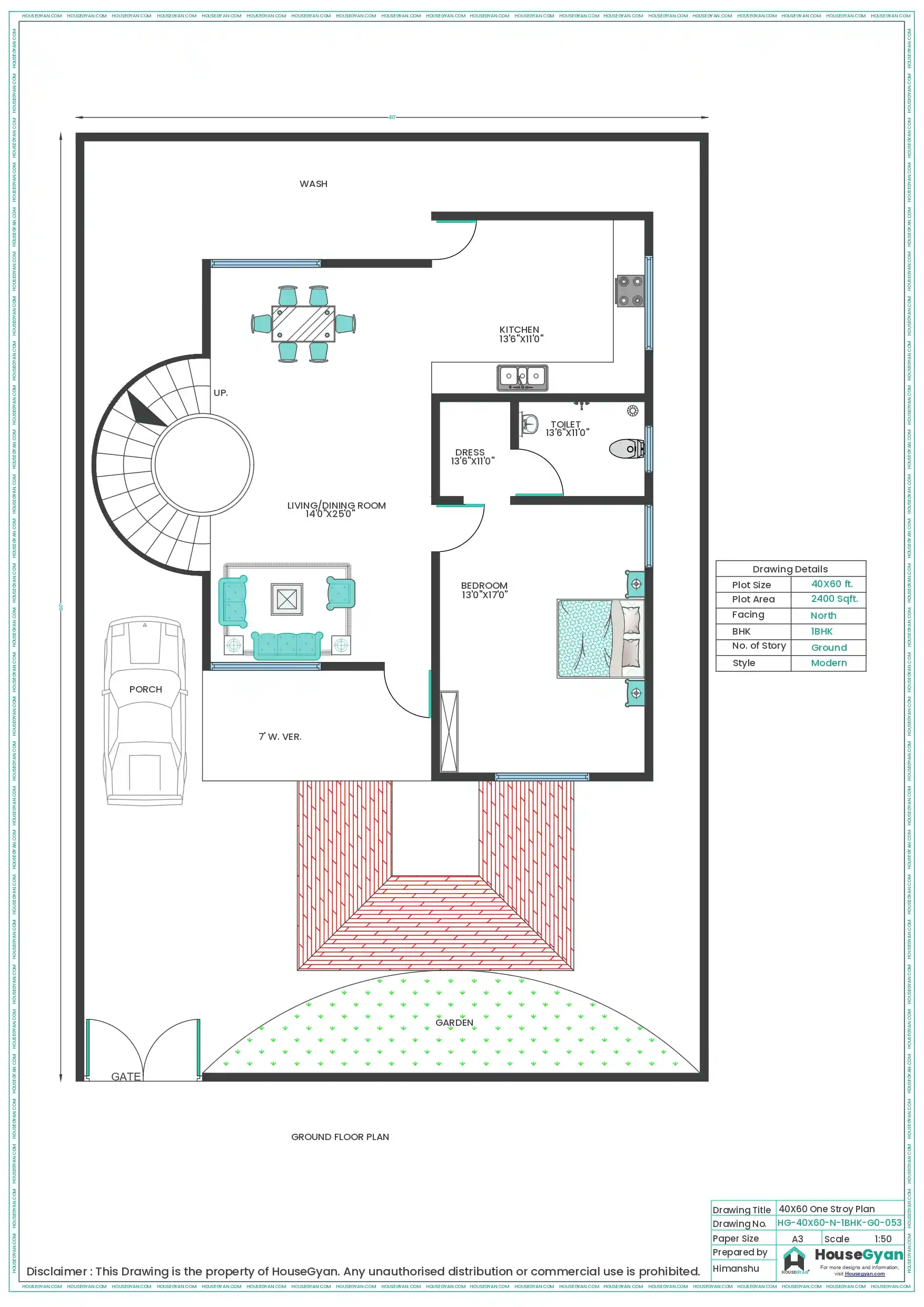 40X60 North Facing 1BHK Ground Floor House Plan | 2400 Sqft Plot Floor Plan