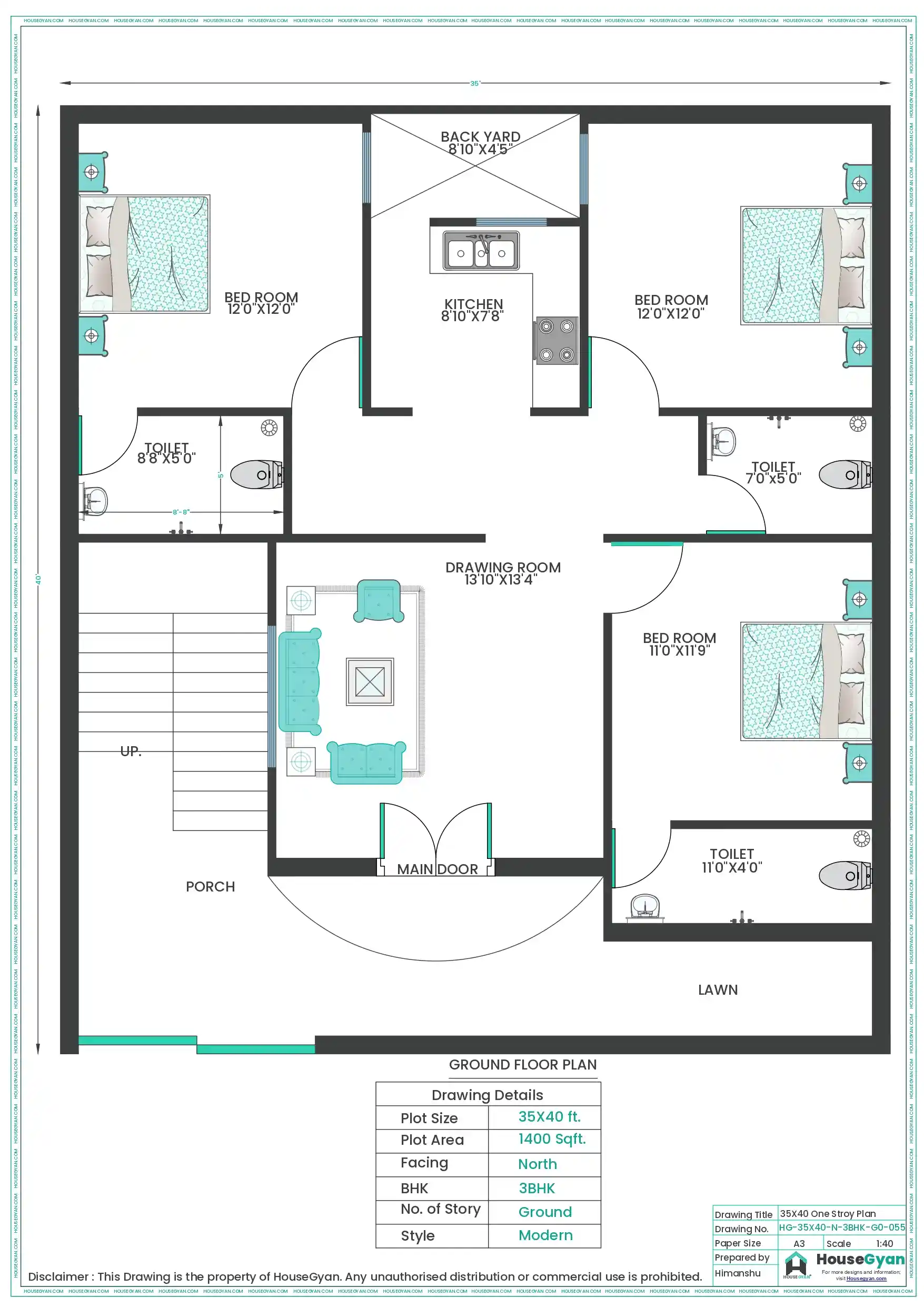 35X40 North Facing 3BHK Ground Floor House Plan | 1400 Sqft Plot Floor Plan