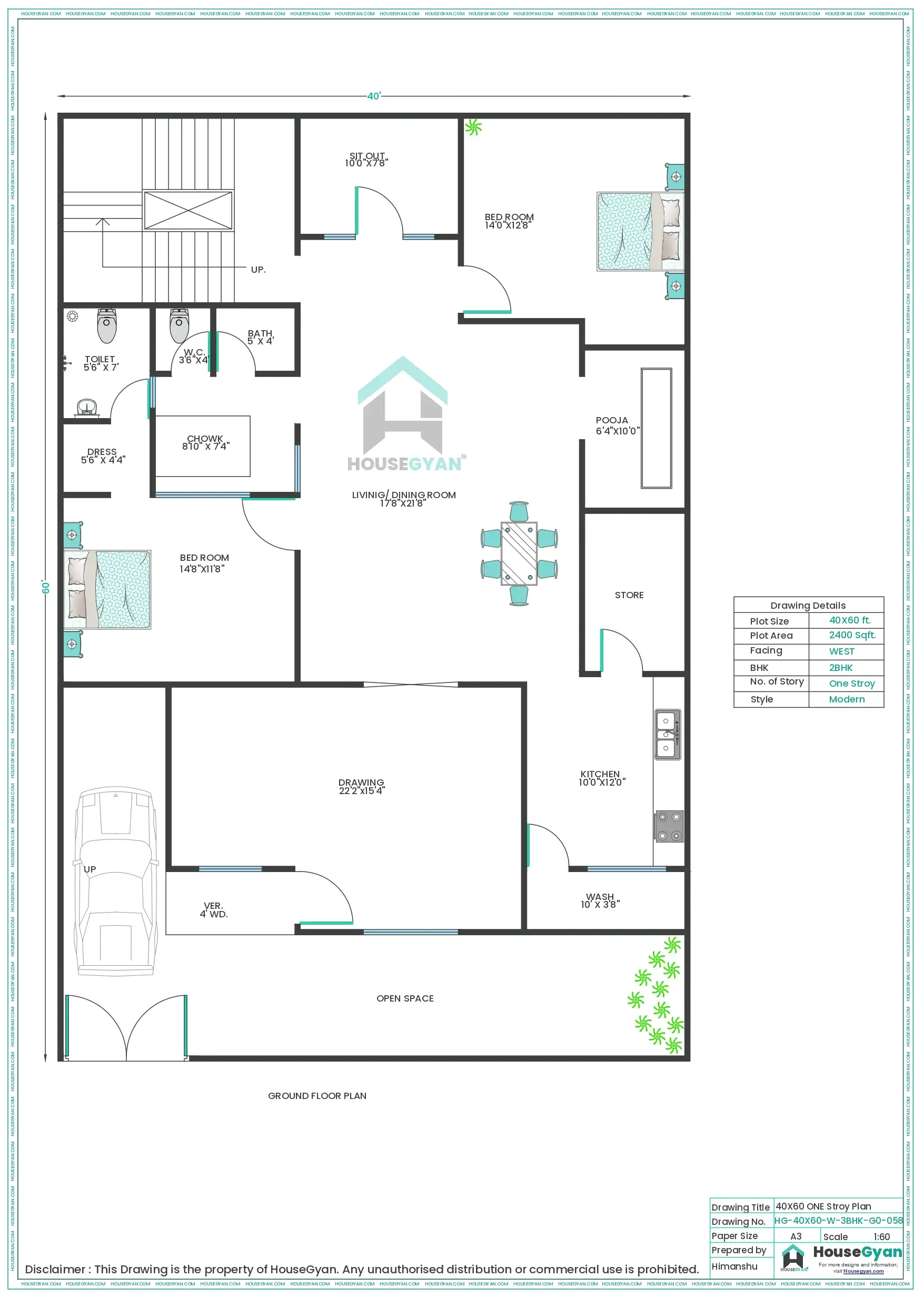 40X60 West Facing 3BHK Ground Floor House Plan | 2400 Sqft Plot Floor Plan
