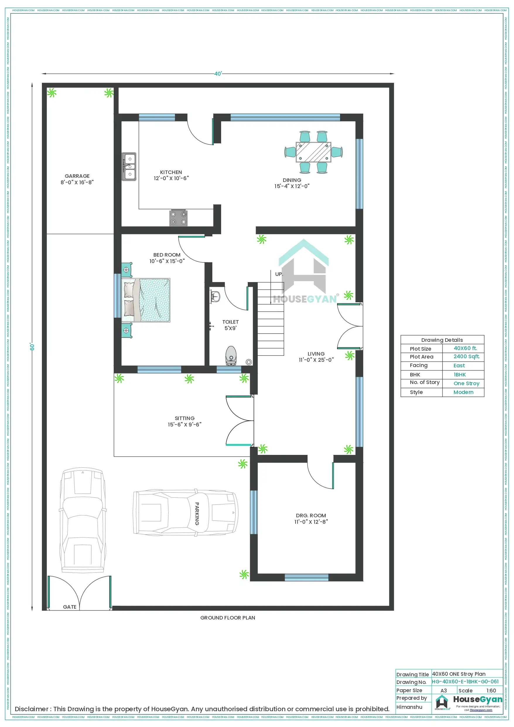 40X60 East Facing 1BHK Ground Floor House Plan | 2400 Sqft Plot Floor Plan
