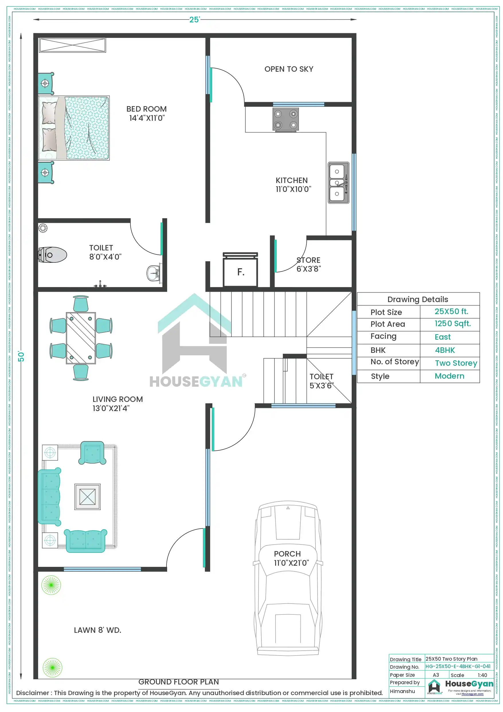 25X50 East Facing 4BHK First Floor House Plan | 1250 Sqft Plot Floor Plan