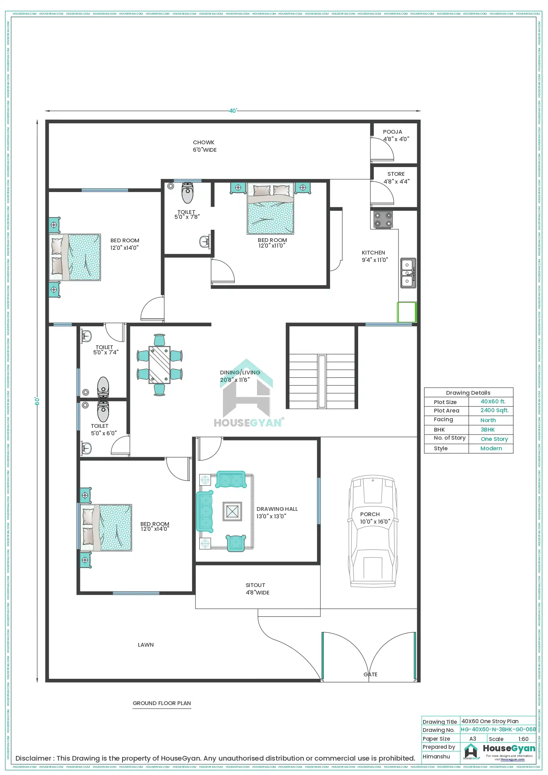 40X60 North Facing 3BHK Ground Floor House Plan | 2400 Sqft Plot Floor Plan