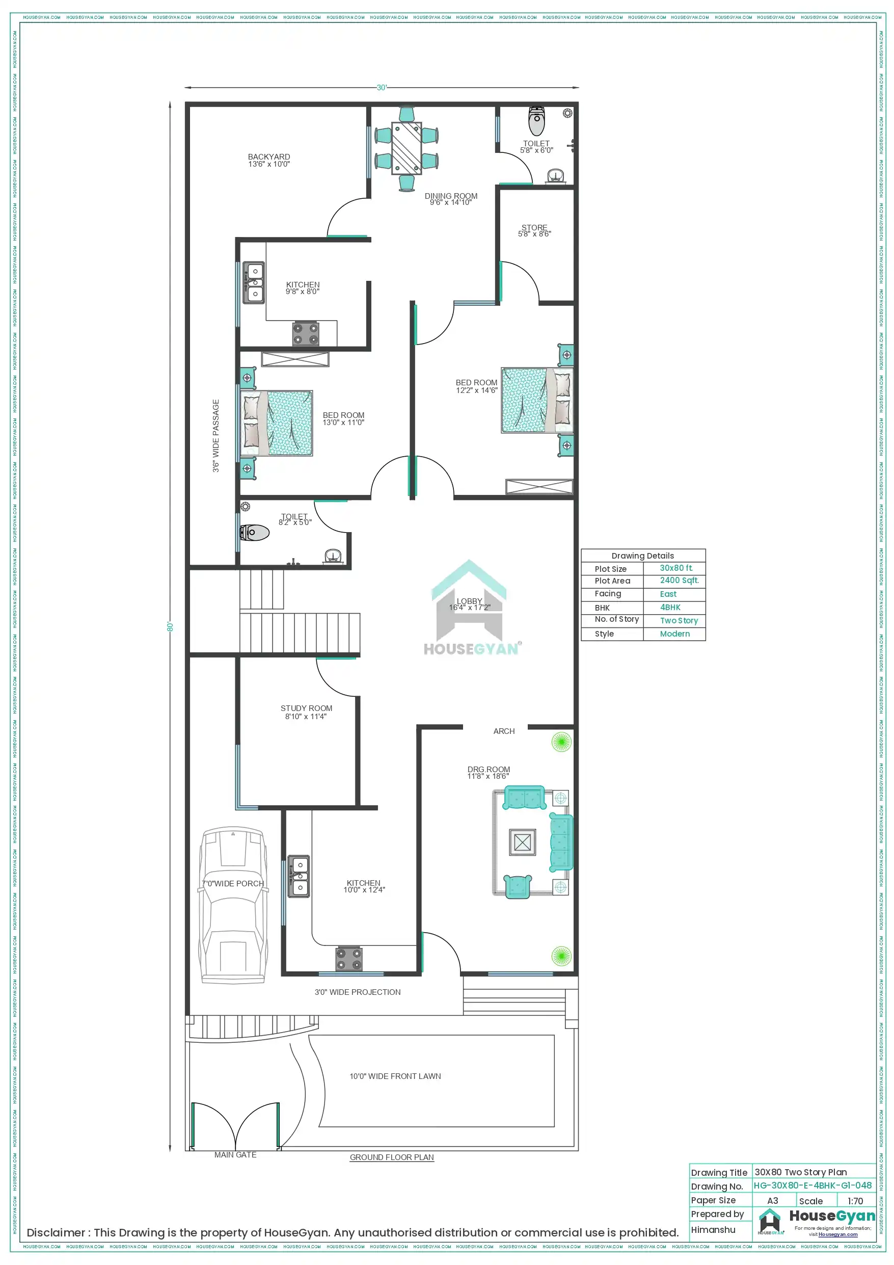 30X80 East Facing 4BHK First Floor House Plan | 2400 Sqft Plot Floor Plan