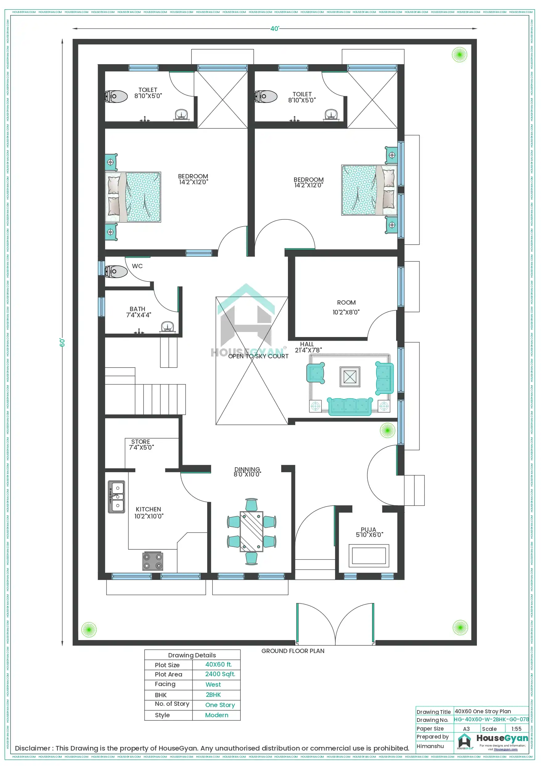40X60 West Facing 2BHK Ground Floor House Plan | 2400 Sqft Plot Floor Plan