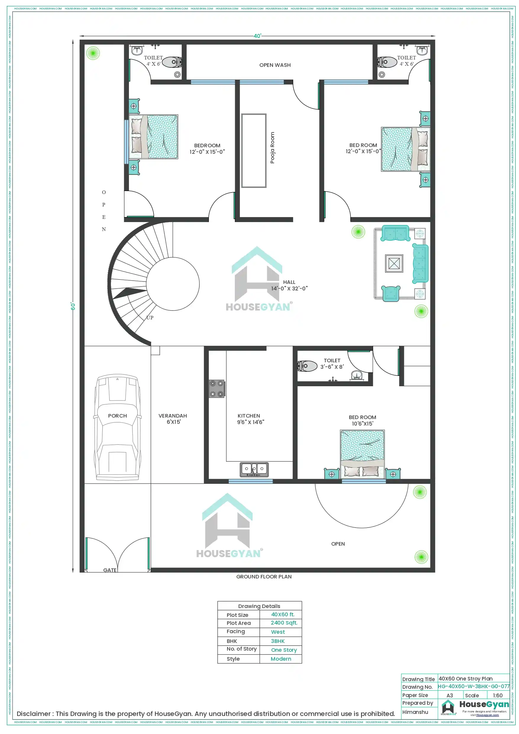 40X60 West Facing 3BHK Ground Floor House Plan | 2400 Sqft Plot Floor Plan