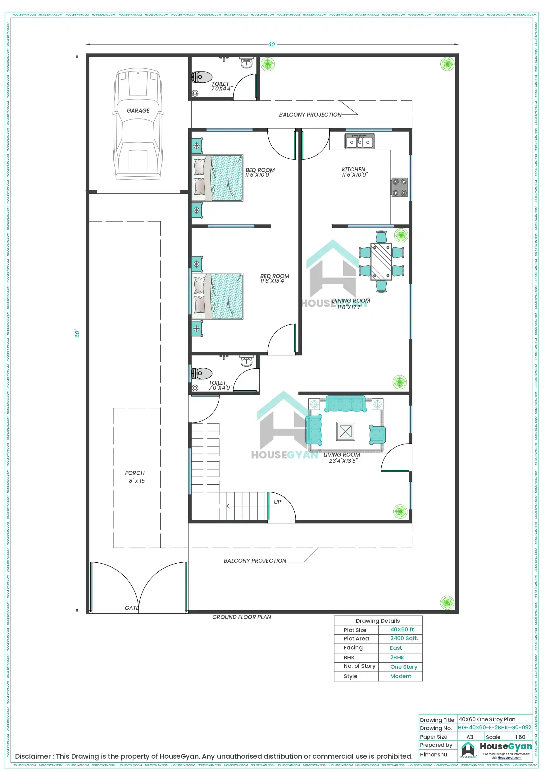 40X60 East Facing 2BHK Ground Floor House Plan | 2400 Sqft Plot Floor Plan