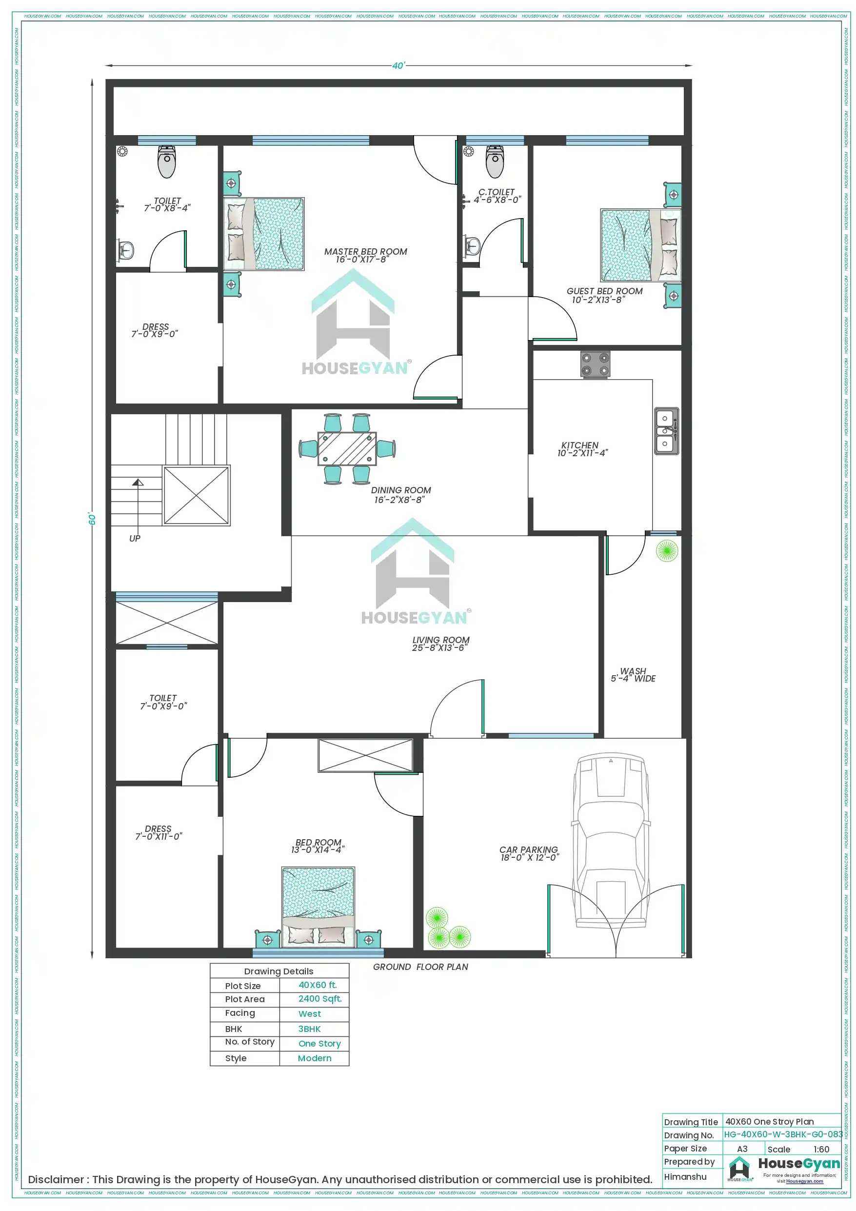 40X60 West Facing 3BHK Ground Floor House Plan | 2400 Sqft Plot Floor Plan