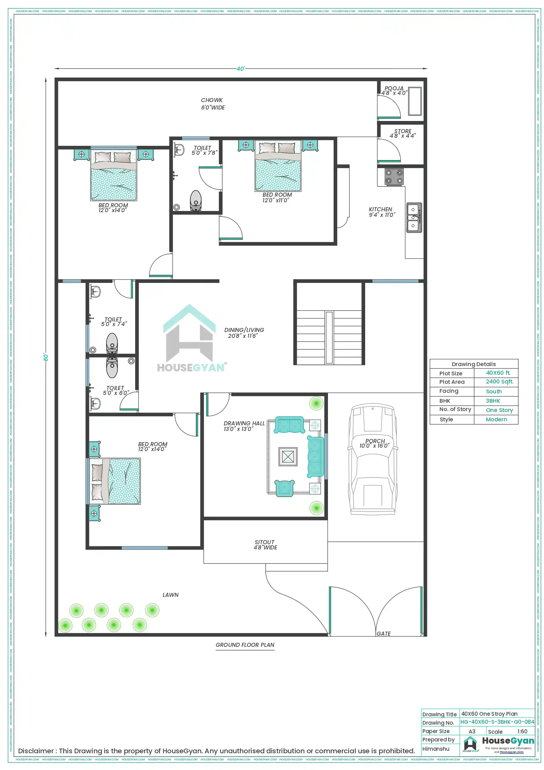 40X60 South Facing 3BHK Ground Floor House Plan | 2400 Sqft Plot Floor Plan
