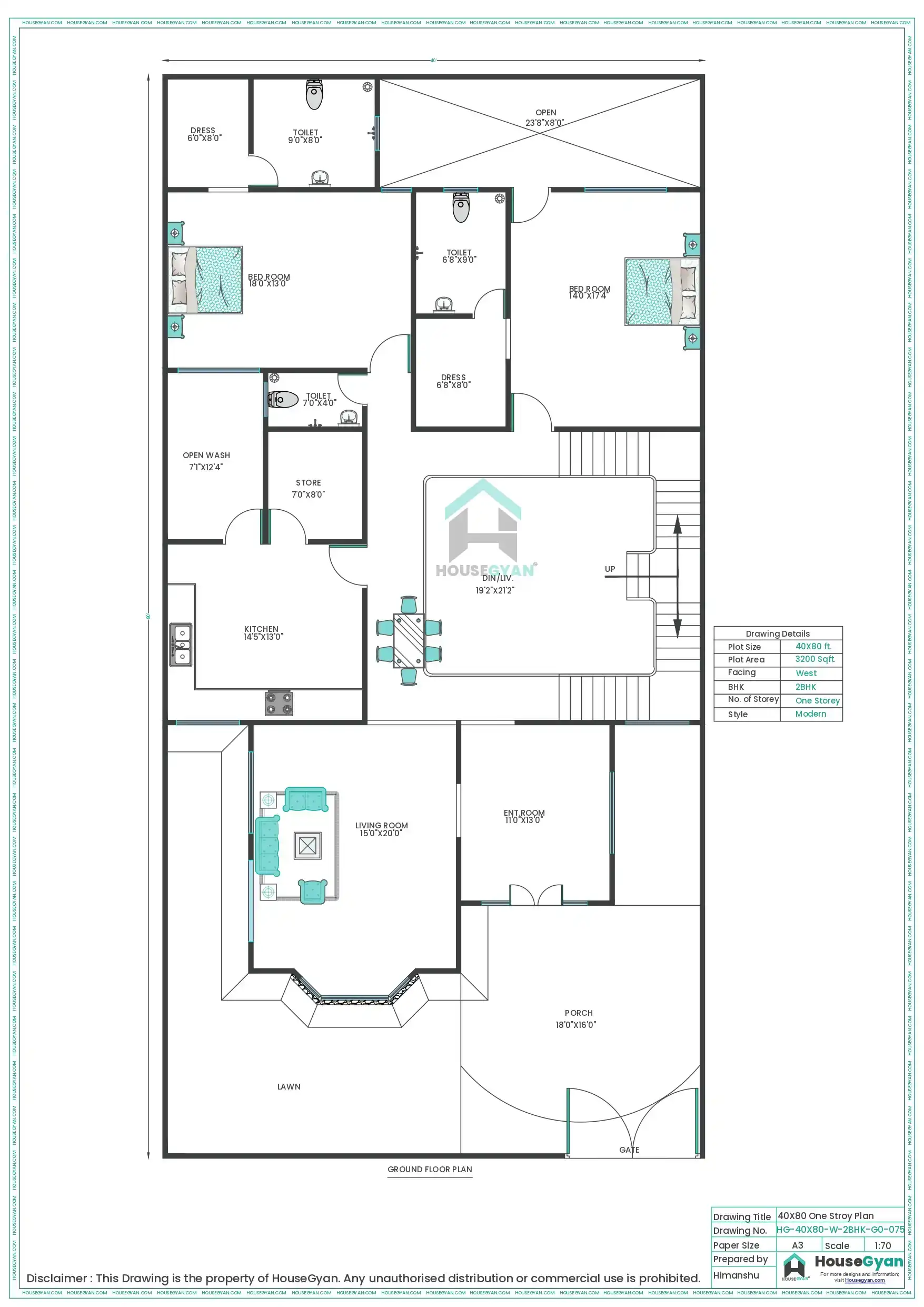 40X80 West Facing 2BHK Ground Floor House Plan | 3200 Sqft Plot Floor Plan
