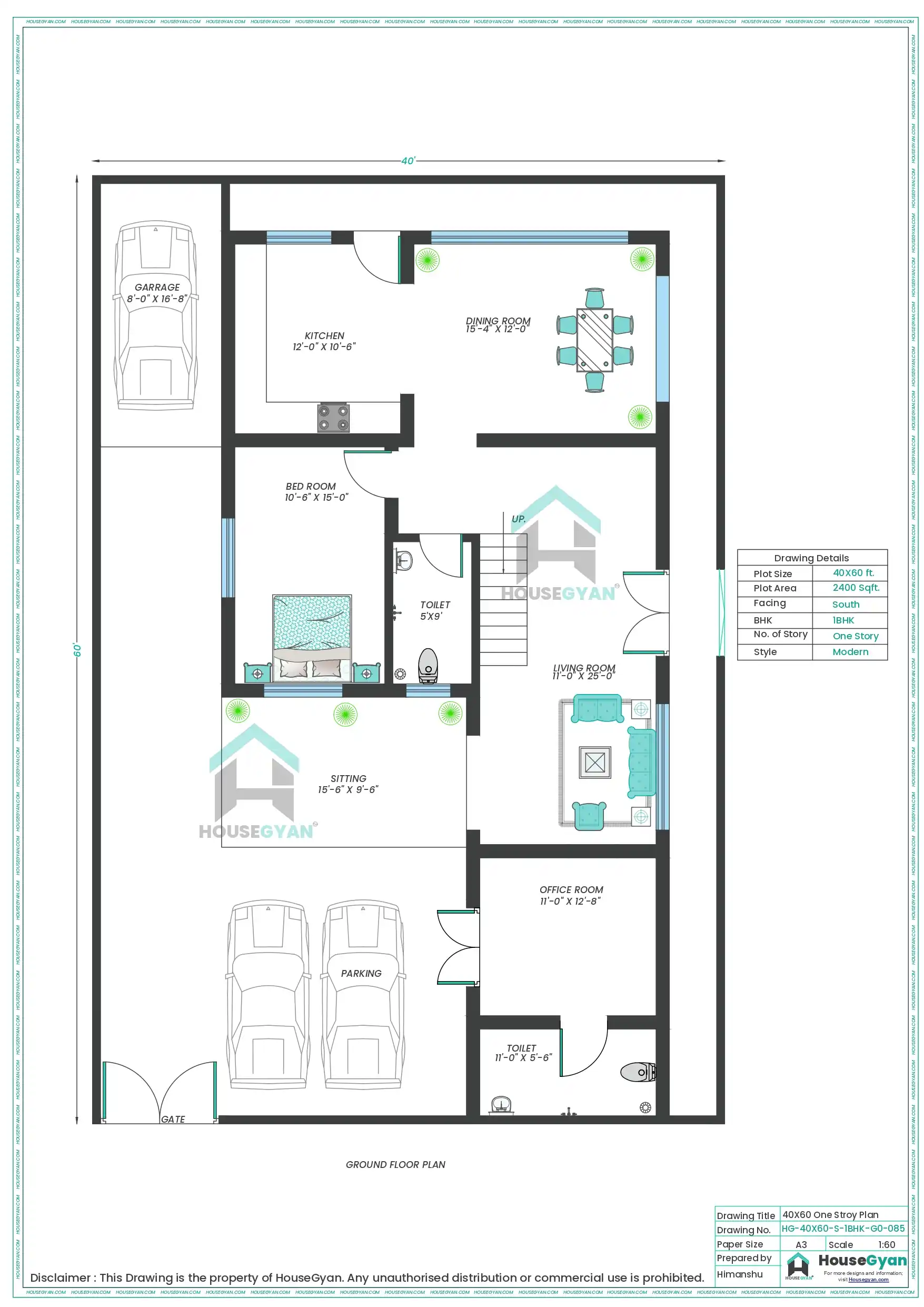 40X60 South Facing 1BHK Ground Floor House Plan | 2400 Sqft Plot Floor Plan