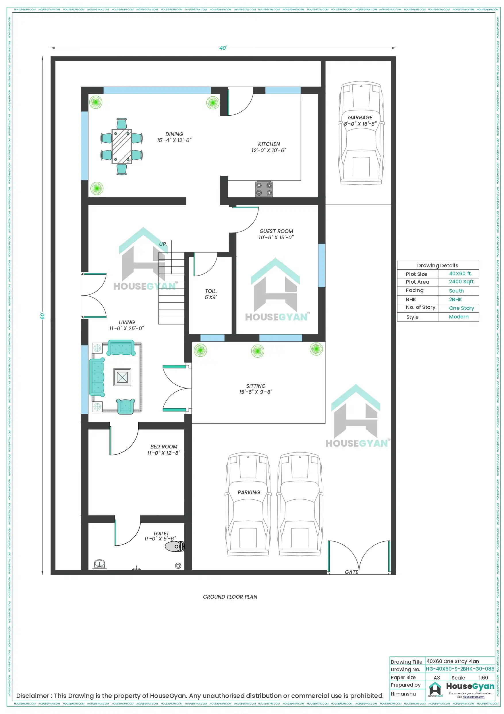 40X60 South Facing 2BHK Ground Floor House Plan | 2400 Sqft Plot Floor Plan