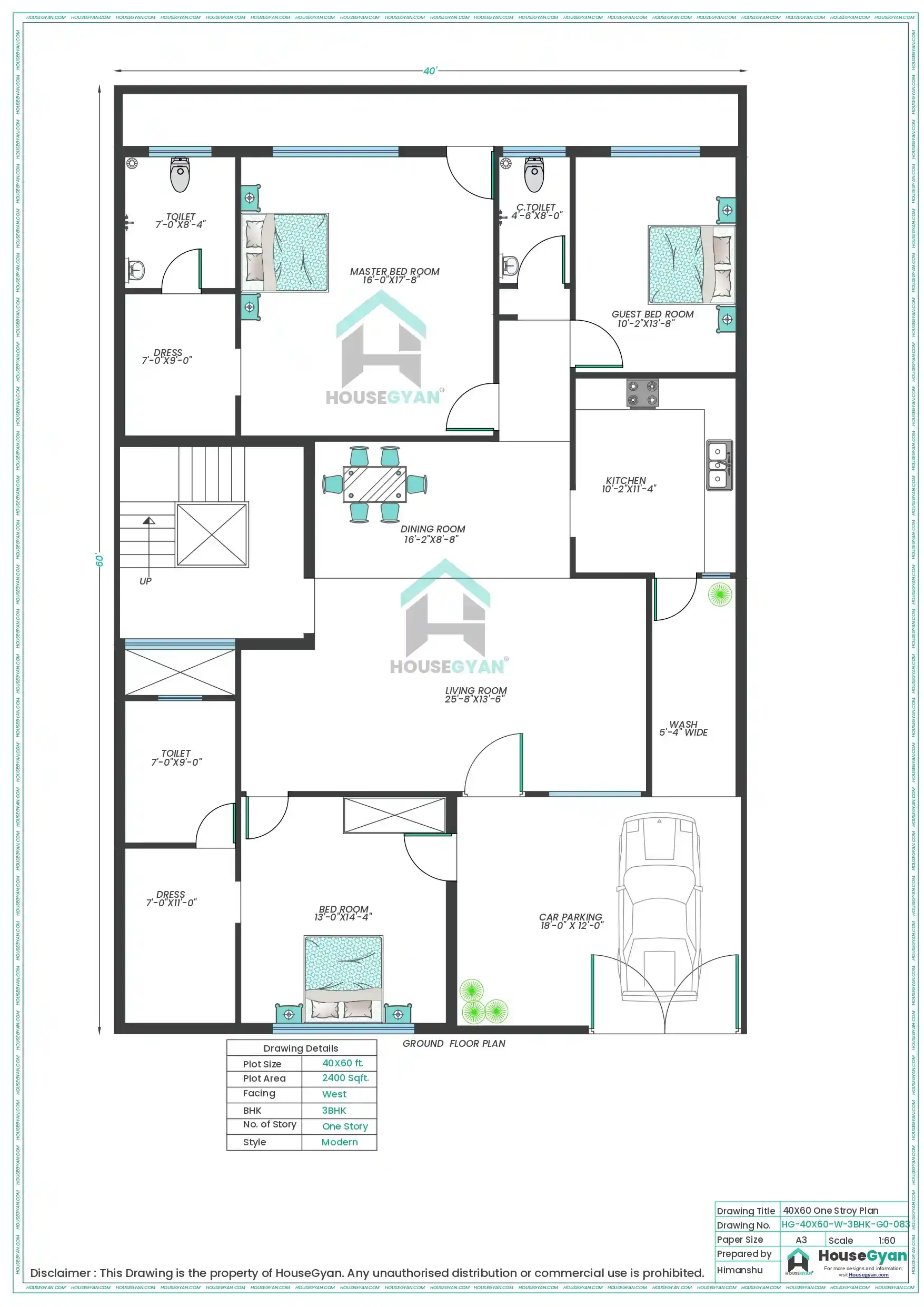 40X60 West Facing 3BHK Ground Floor House Plan | 2400 Sqft Plot Floor Plan
