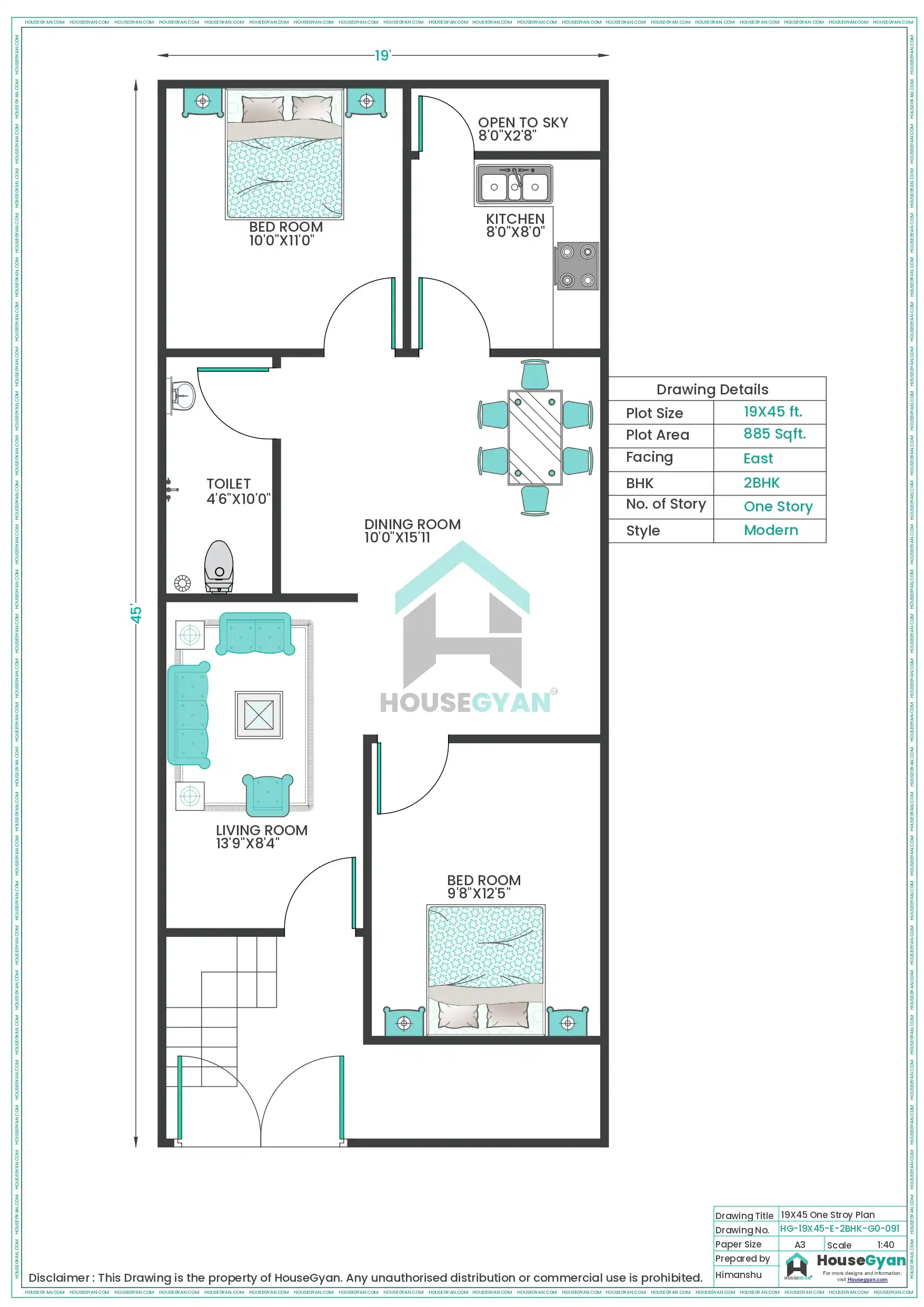19X45 East Facing 2BHK Ground Floor House Plan | 855 Sqft Plot Floor Plan