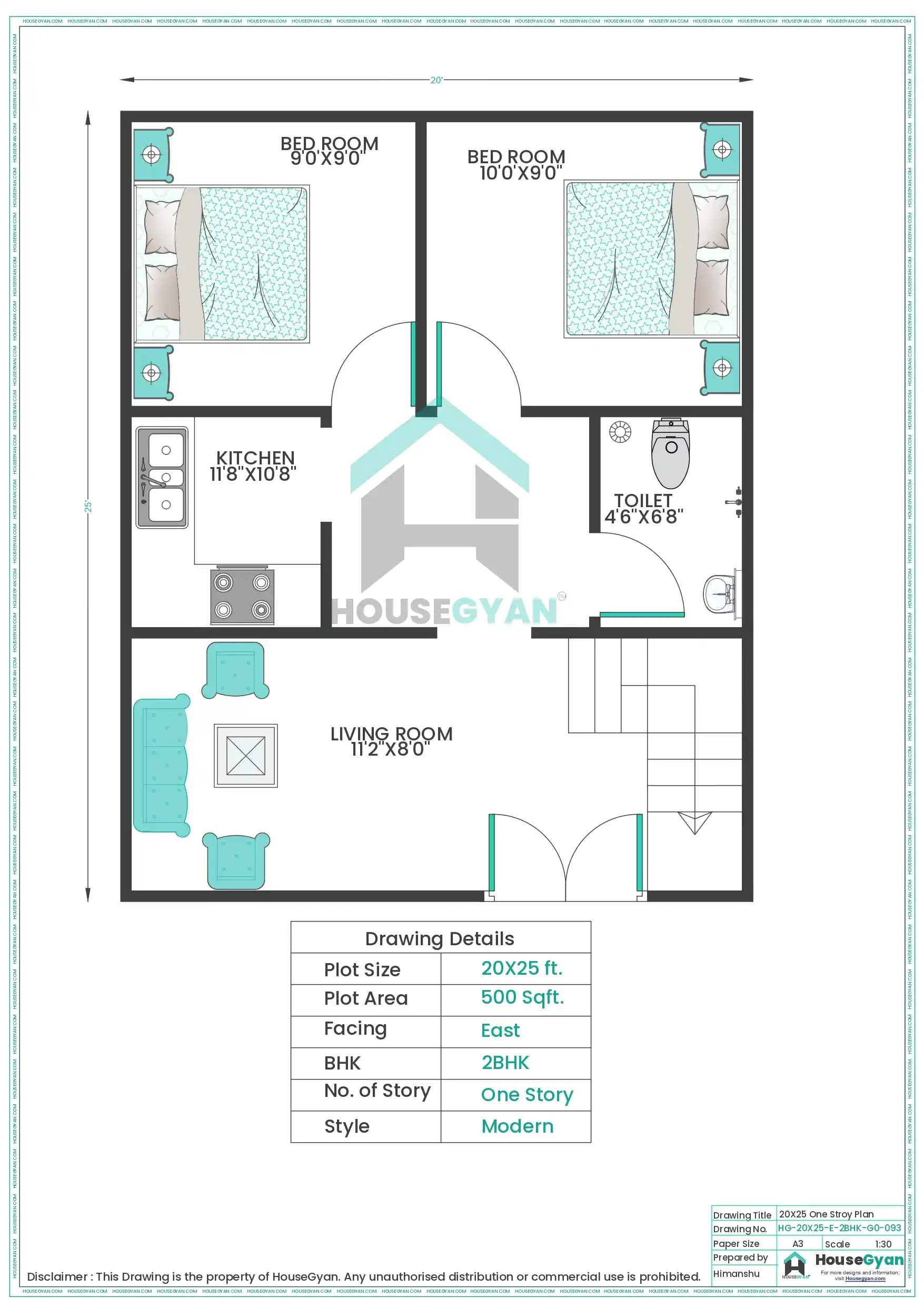 20X25 East Facing 2BHK Ground Floor House Plan | 500 Sqft Plot Floor Plan
