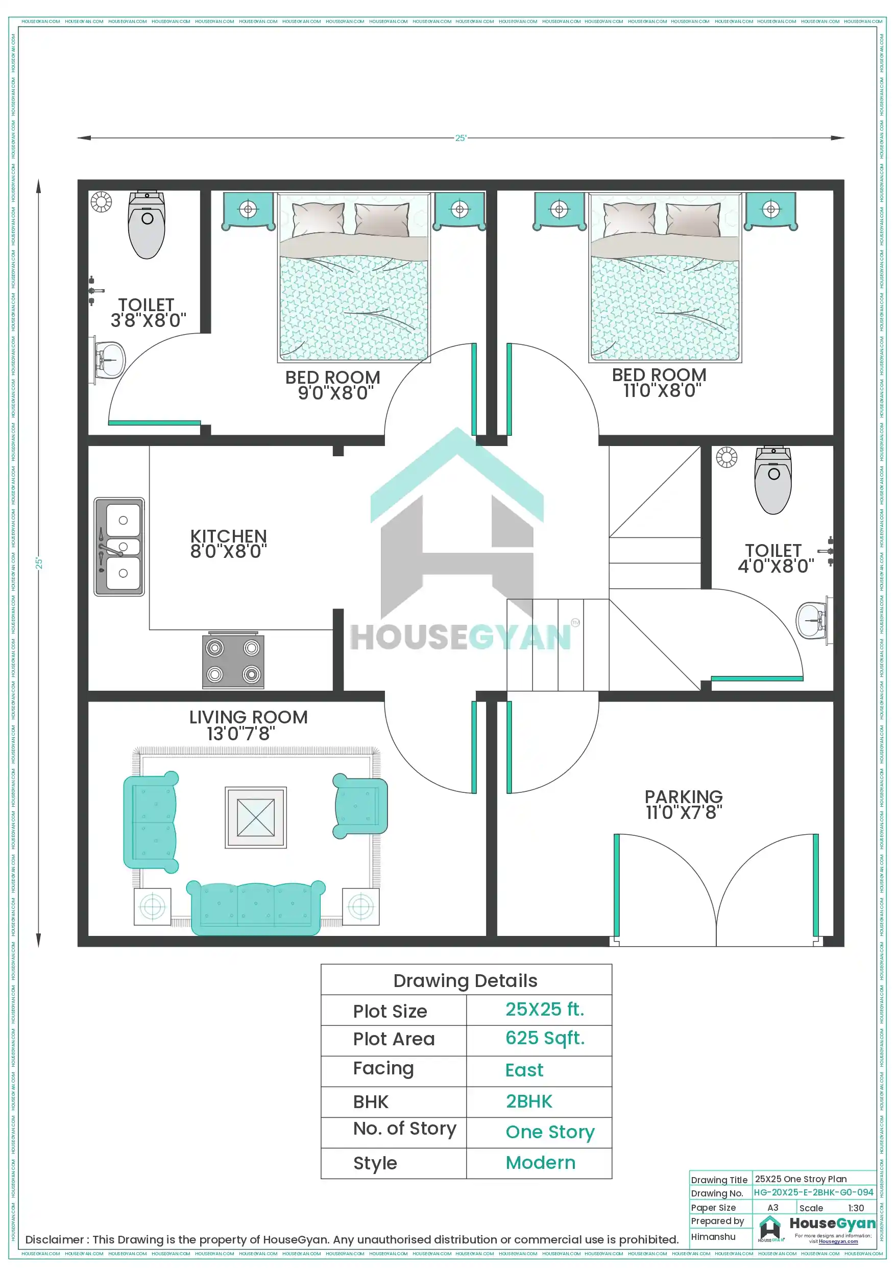 25X25 East Facing 2BHK Ground Floor House Plan | 625 Sqft Plot Floor Plan