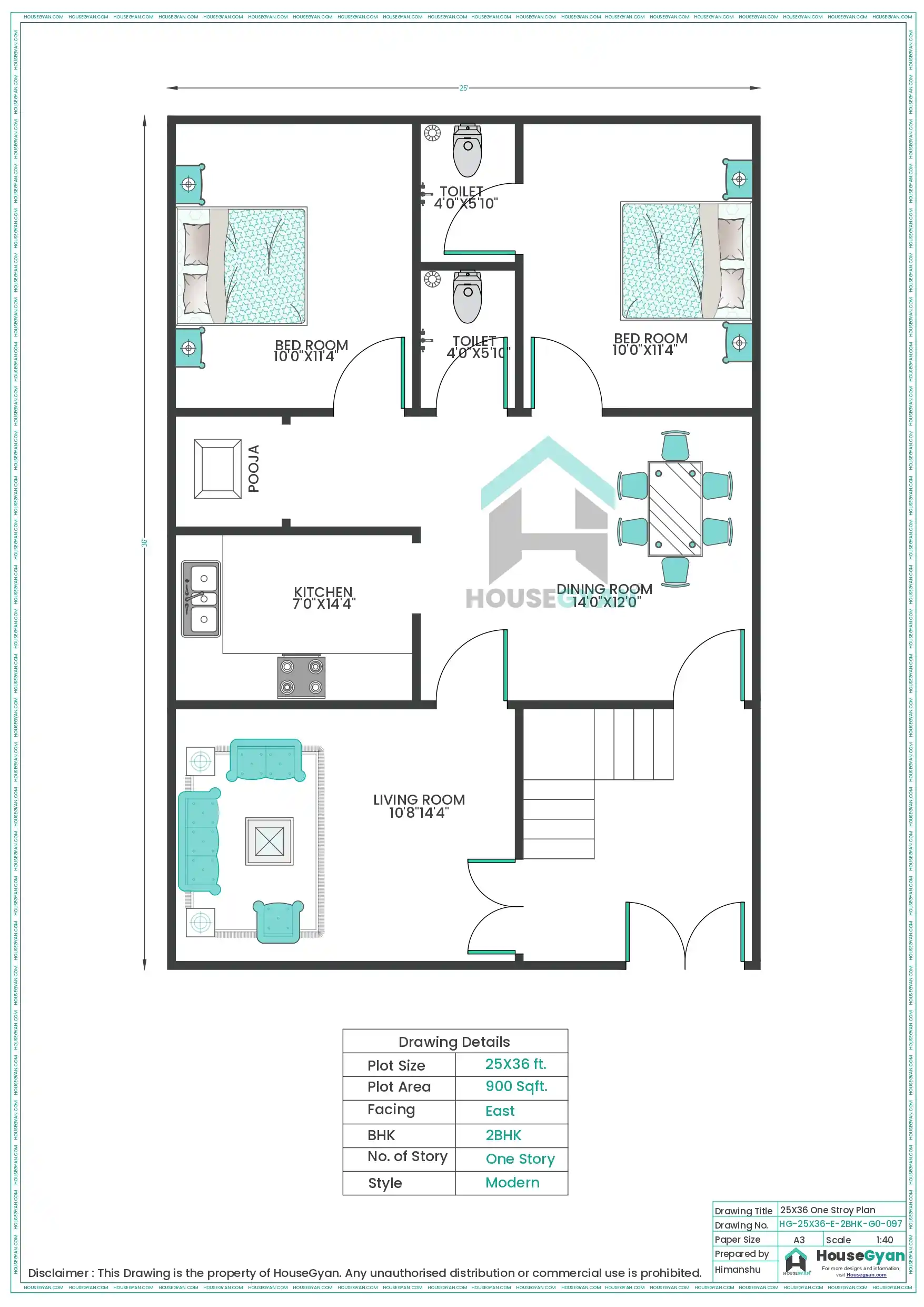 25X36 East Facing 2BHK Ground Floor House Plan | 900 Sqft Plot Floor Plan