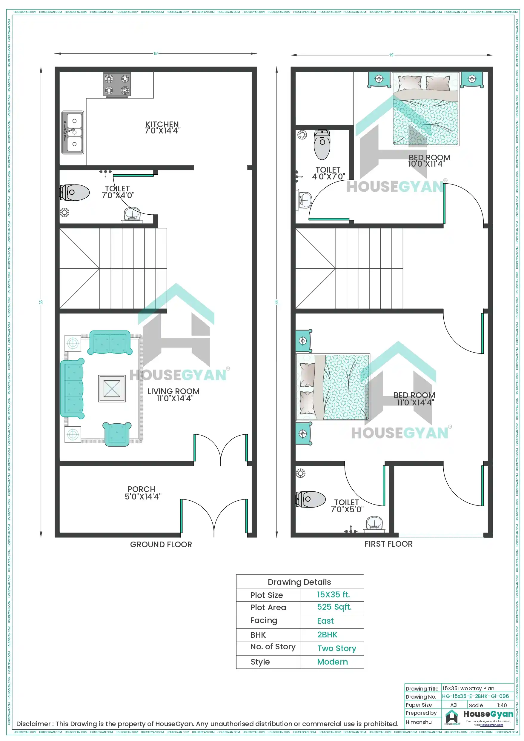 15X35 East Facing 2BHK First Floor House Plan | 525 Sqft Plot Floor Plan