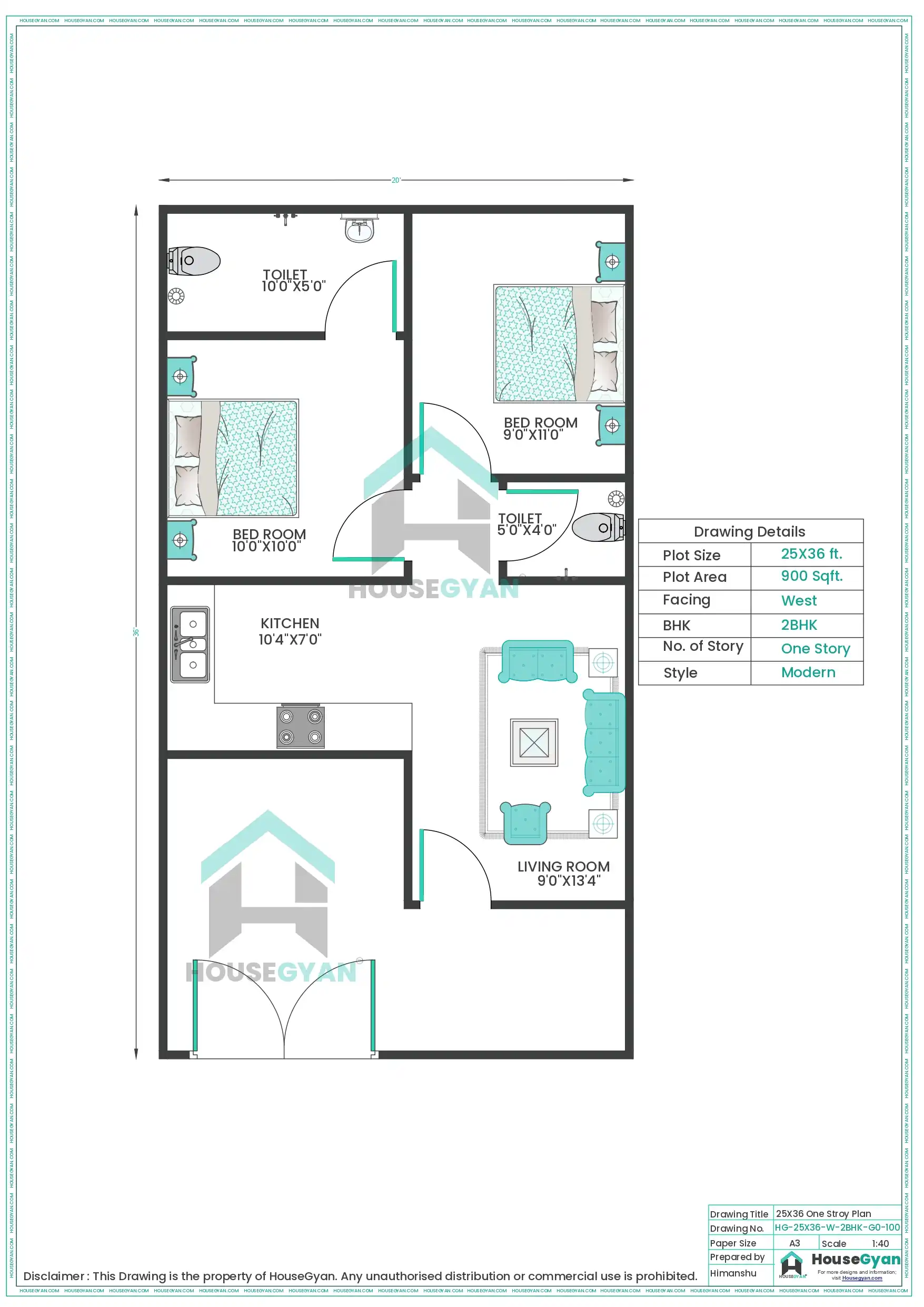 25X36 West Facing 2BHK Ground Floor House Plan | 900 Sqft Plot Floor Plan