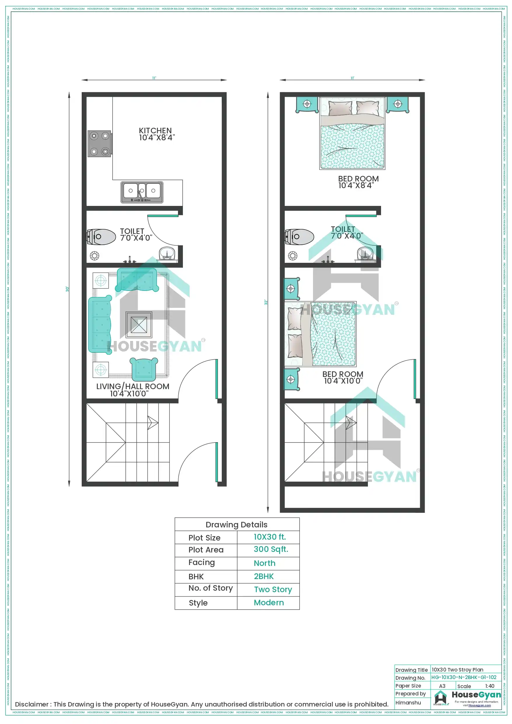 10X30 North Facing 2BHK First Floor House Plan | 300 Sqft Plot Floor Plan