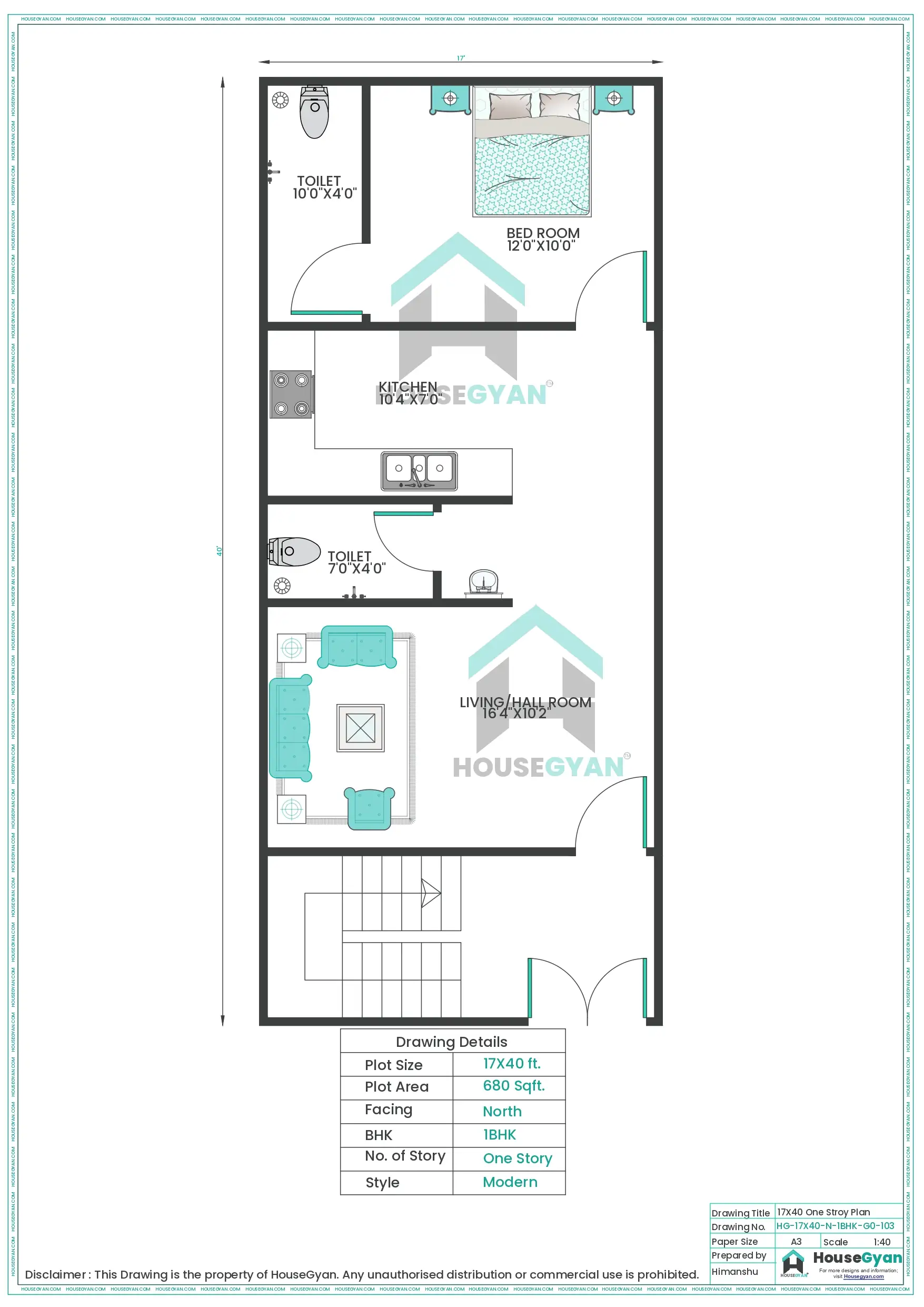 17X40 North Facing 1BHK Ground Floor House Plan | 680 Sqft Plot Floor Plan