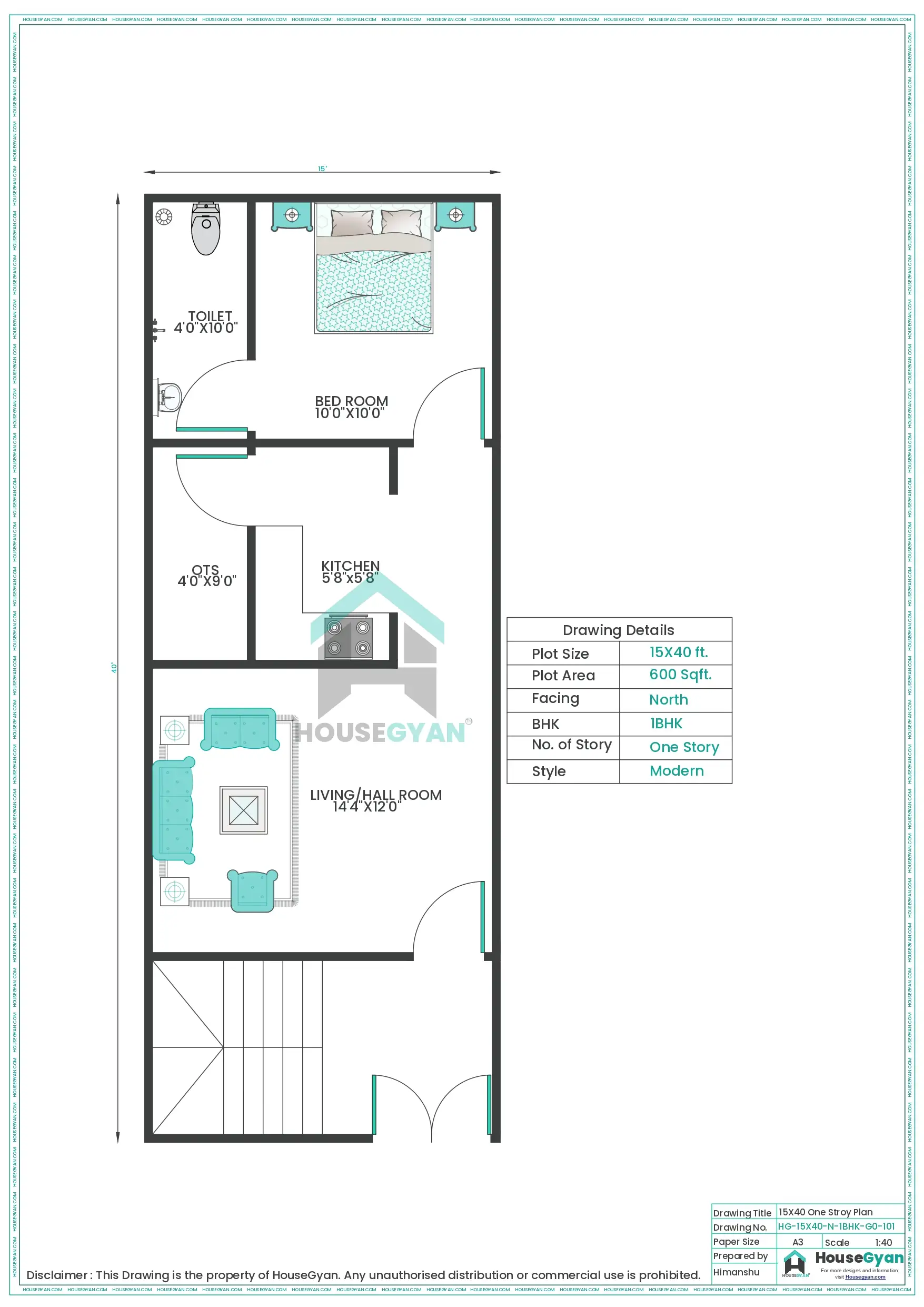 15X40 North Facing 1BHK Ground Floor House Plan | 600 Sqft Plot Floor Plan