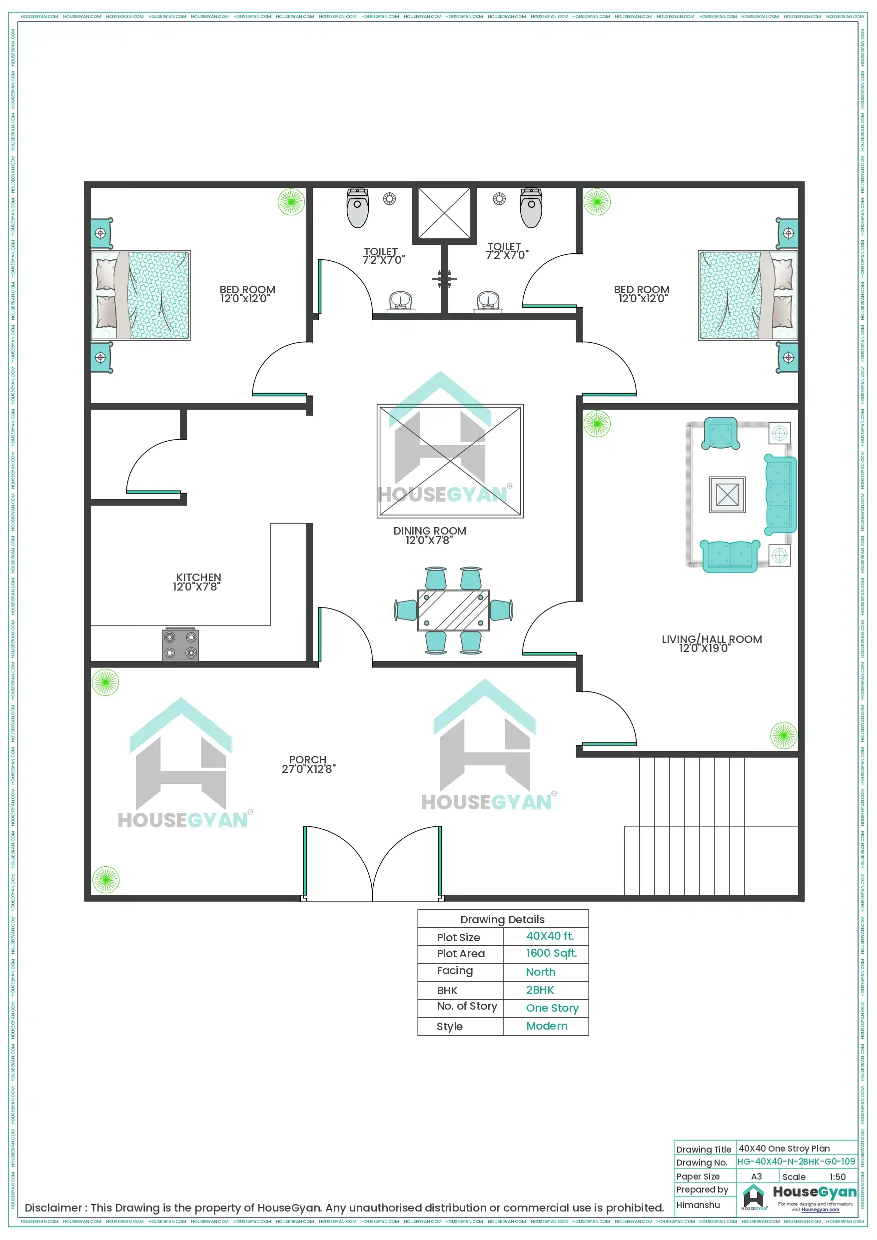 40X40 North Facing 2BHK Ground Floor House Plan | 1600 Sqft Plot Floor Plan