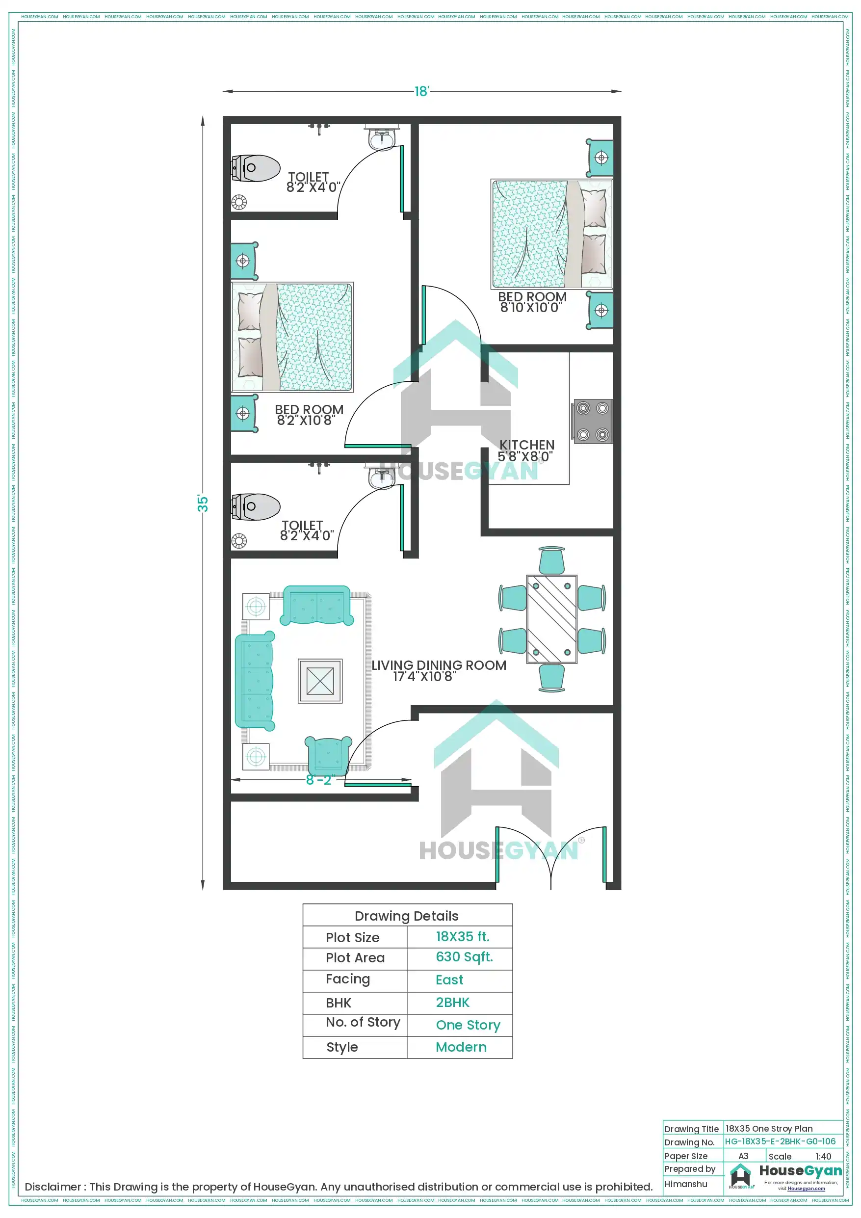 18X35 East Facing 2BHK Ground Floor House Plan | 630 Sqft Plot Floor Plan
