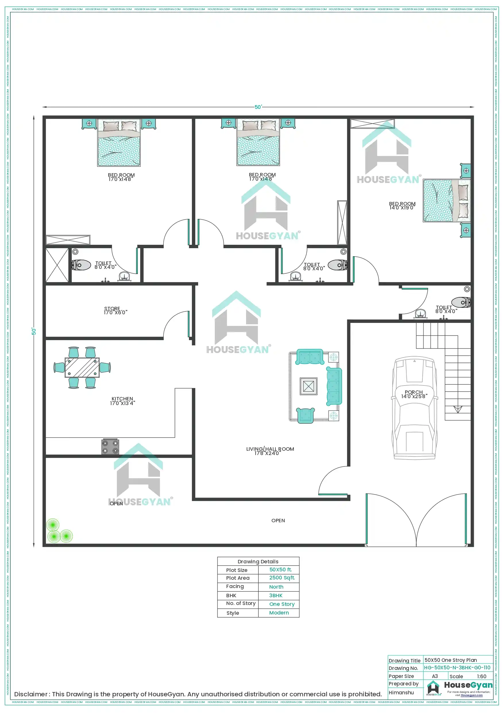 50X50 North Facing 3BHK Ground Floor House Plan | 2500 Sqft Plot Floor Plan