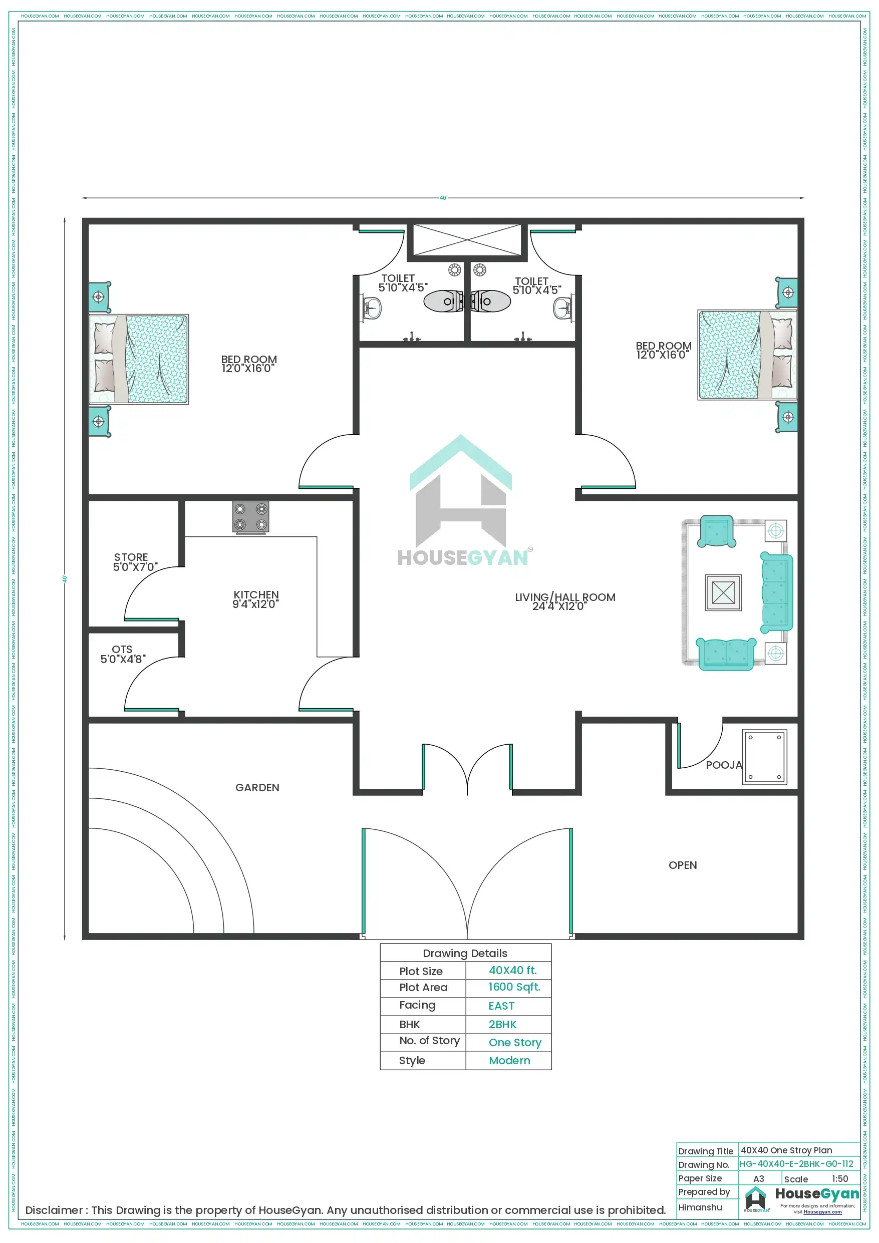 40X40 East Facing 2BHK Ground Floor House Plan | 1600 Sqft Plot Floor Plan