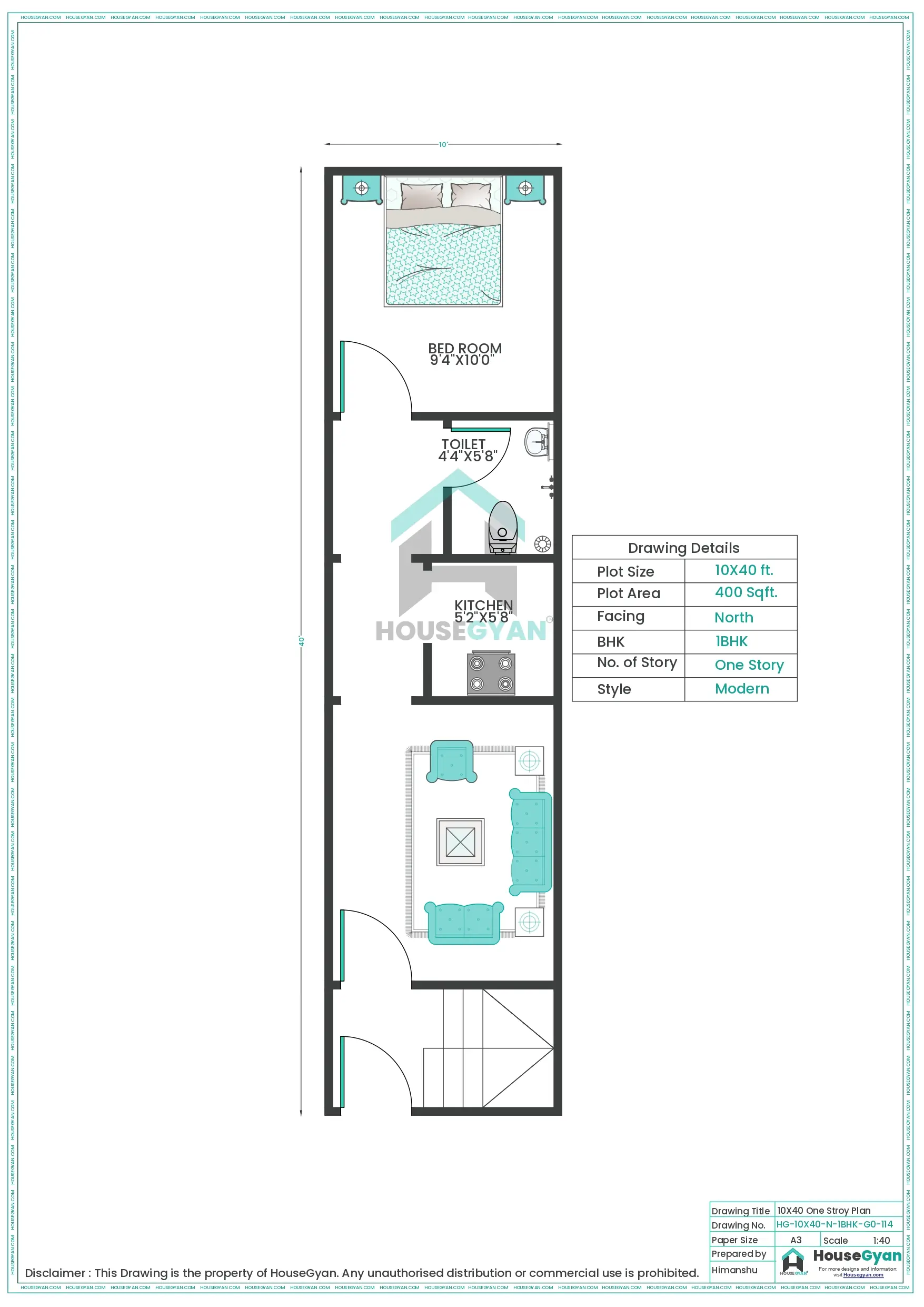 10X40 North Facing 1BHK Ground Floor House Plan | 400 Sqft Plot Floor Plan