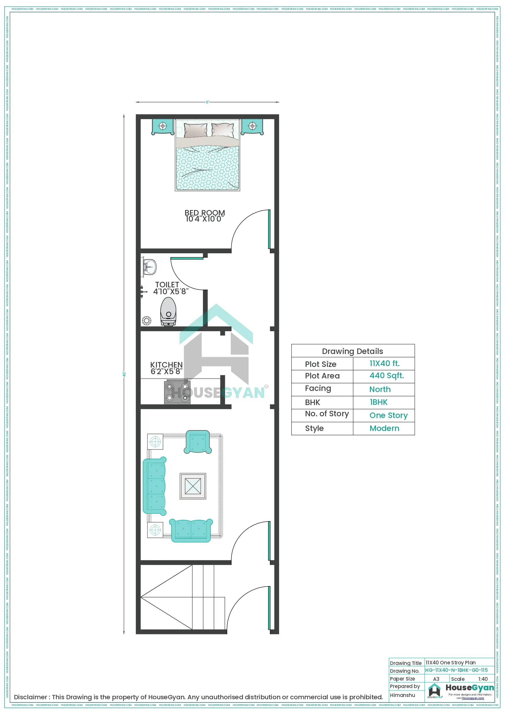 11X40 North Facing 1BHK Ground Floor House Plan | 440 Sqft Plot Floor Plan