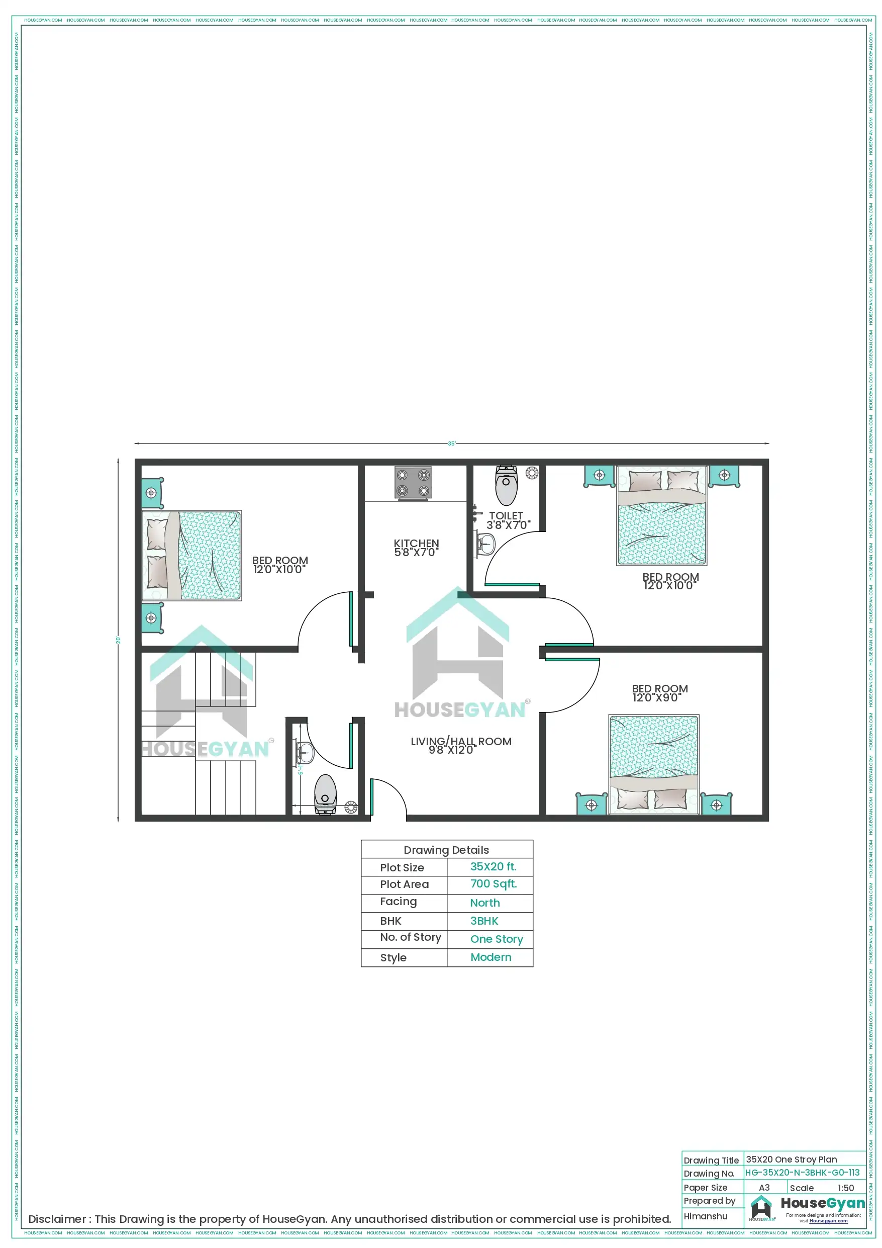 35X20 North Facing 3BHK Ground Floor House Plan | 700 Sqft Plot Floor Plan