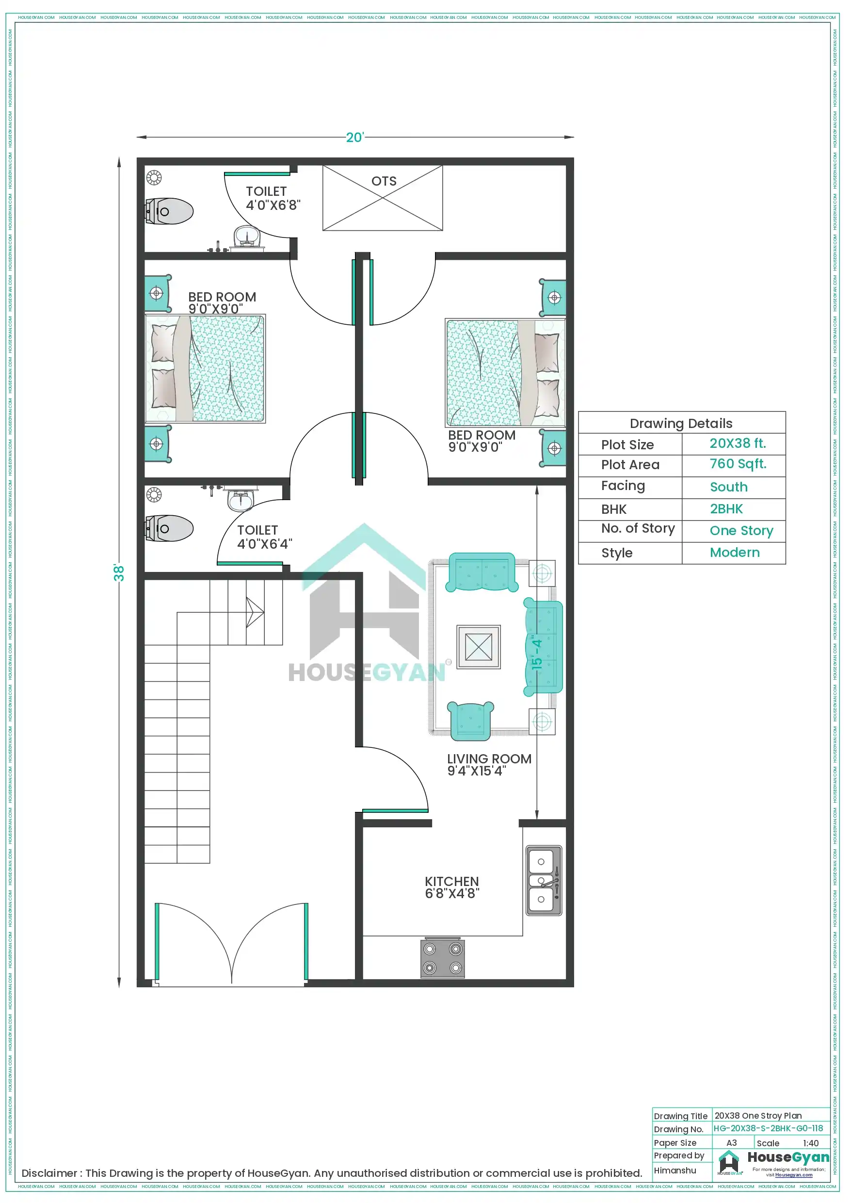 20X38 South Facing 2BHK Ground Floor House Plan | 760 Sqft Plot Floor Plan